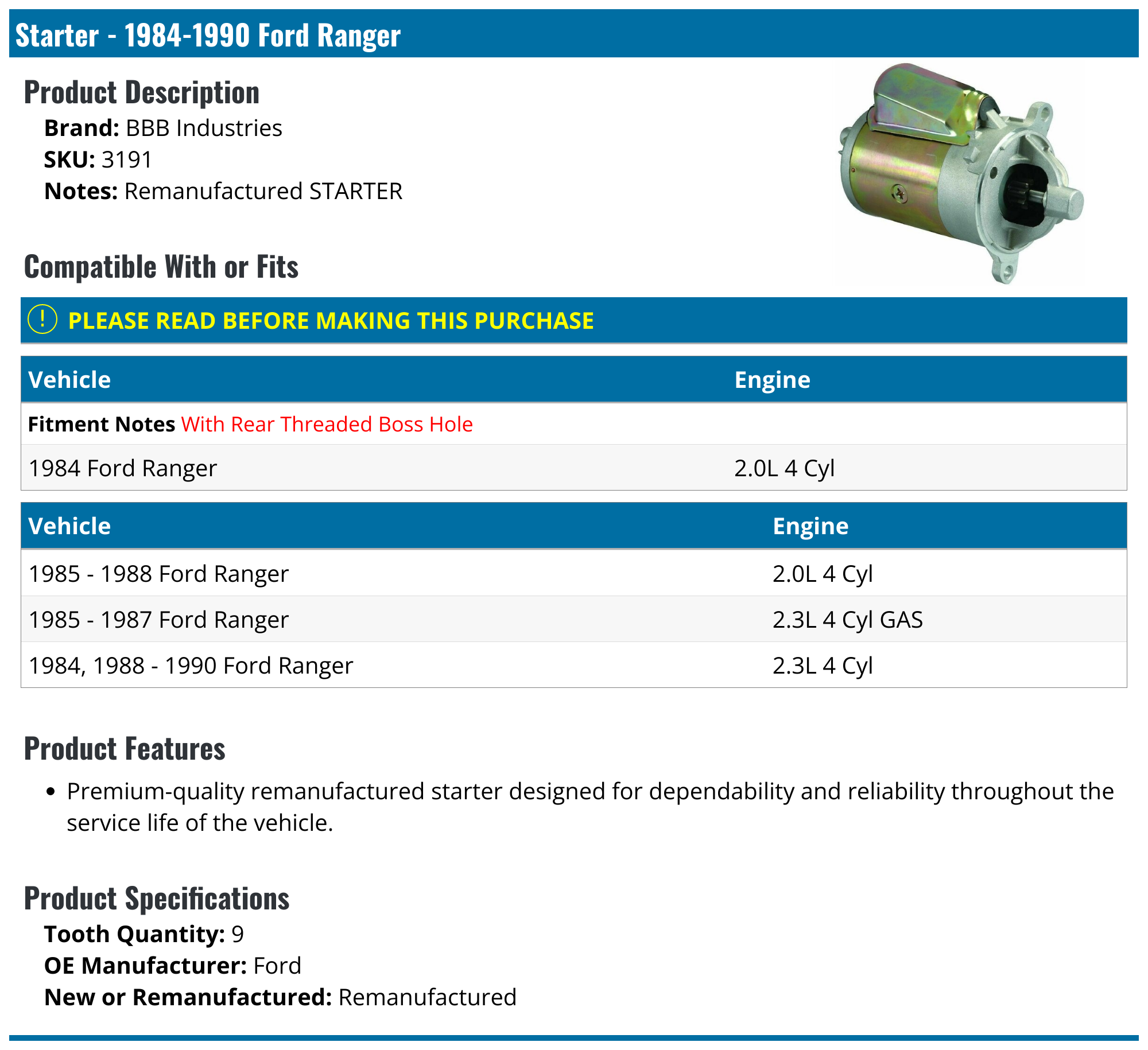 1984-1990 Ford Ranger Starter - BBB Industries 3191 - PartsGeek.com