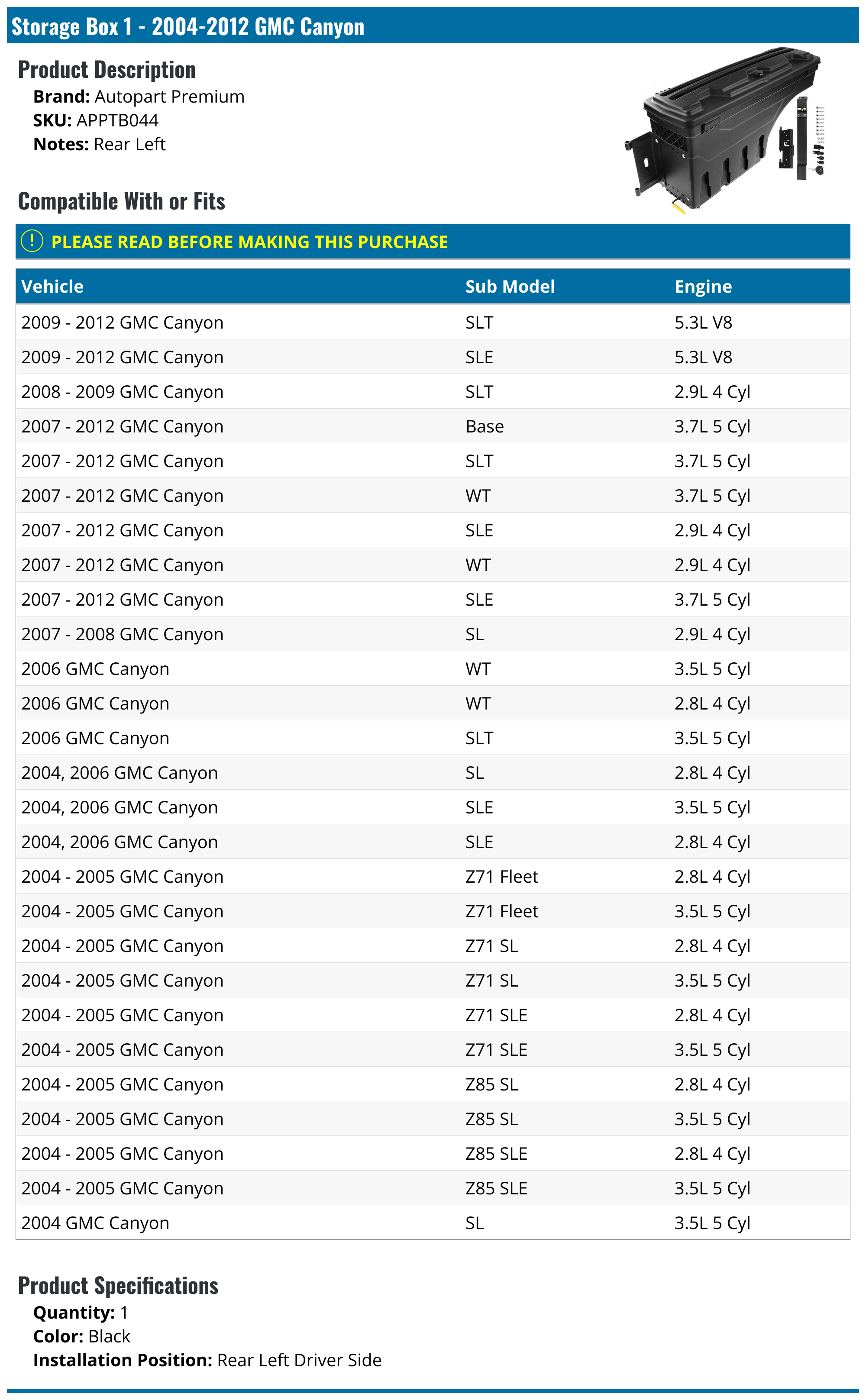 2004-2012 GMC Canyon Truck Tool Box - Autopart Premium APPTB044 - Rear ...