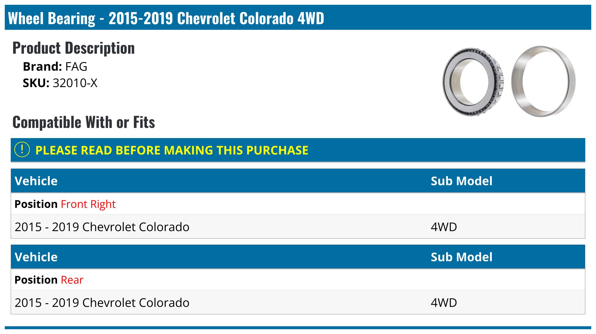 2015-2019 Chevrolet Colorado Wheel Bearing - FAG 32010-X - Rear ...