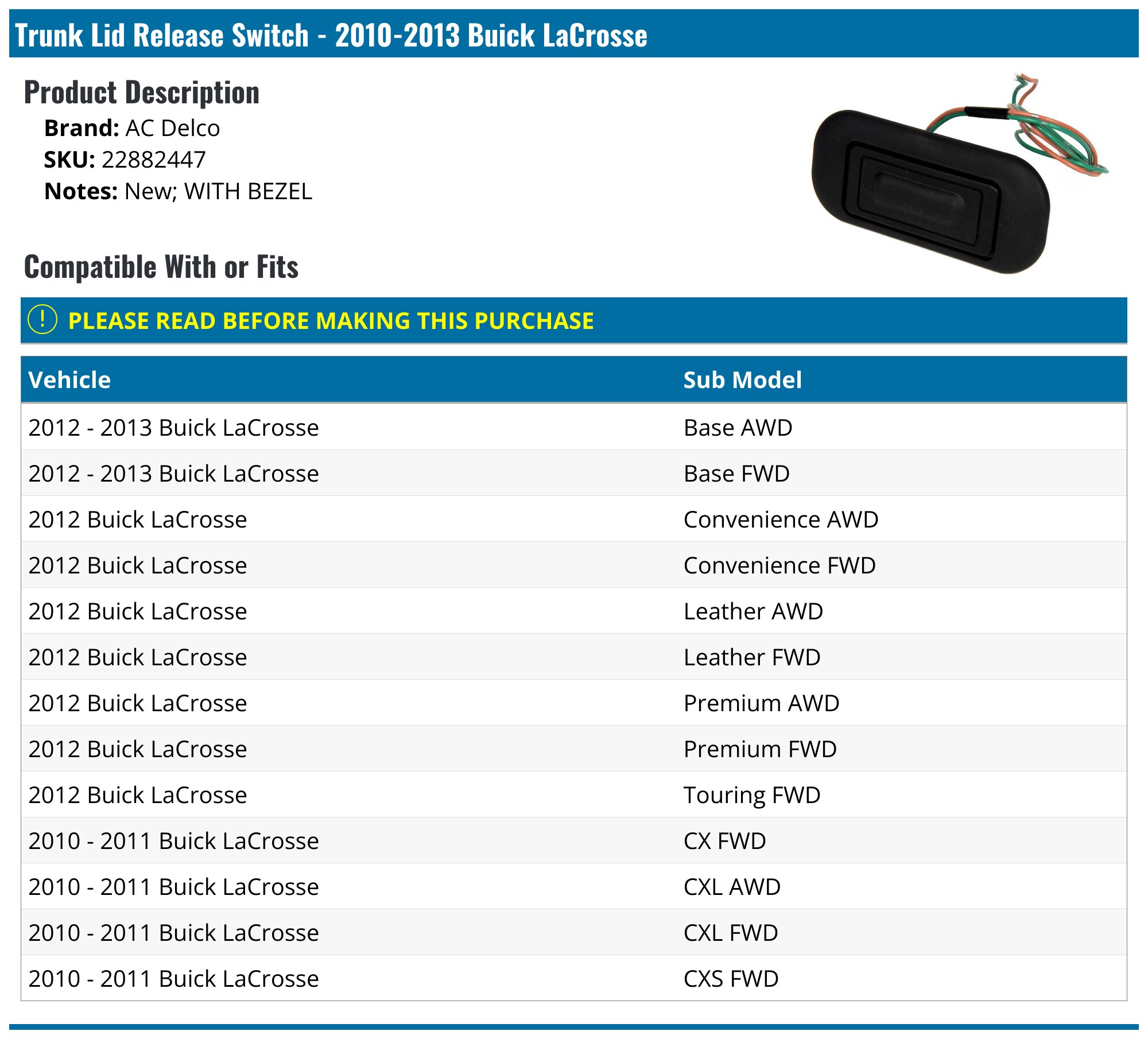 2010-2013 Buick LaCrosse Trunk Lid Release Switch - AC Delco 22882447 ...