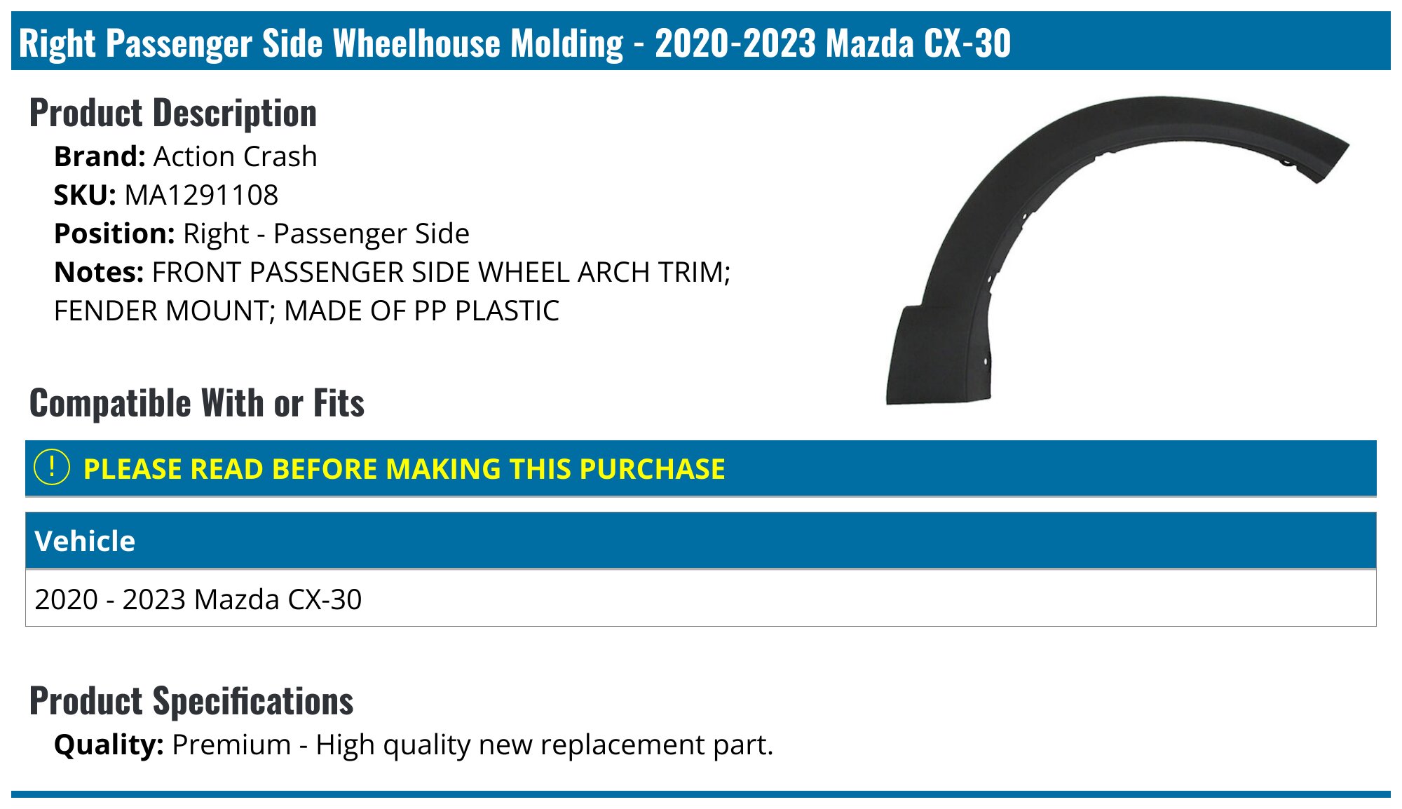 2020-2025 Mazda CX-30 Wheelhouse Molding - Action Crash MA1291108 ...