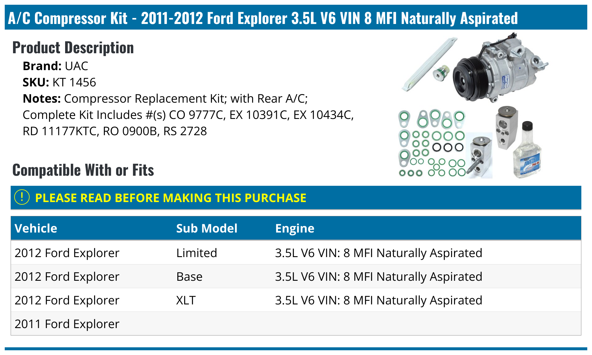 2011-2012 Ford Explorer A/C Compressor - UAC KT 1456 - PartsGeek.com