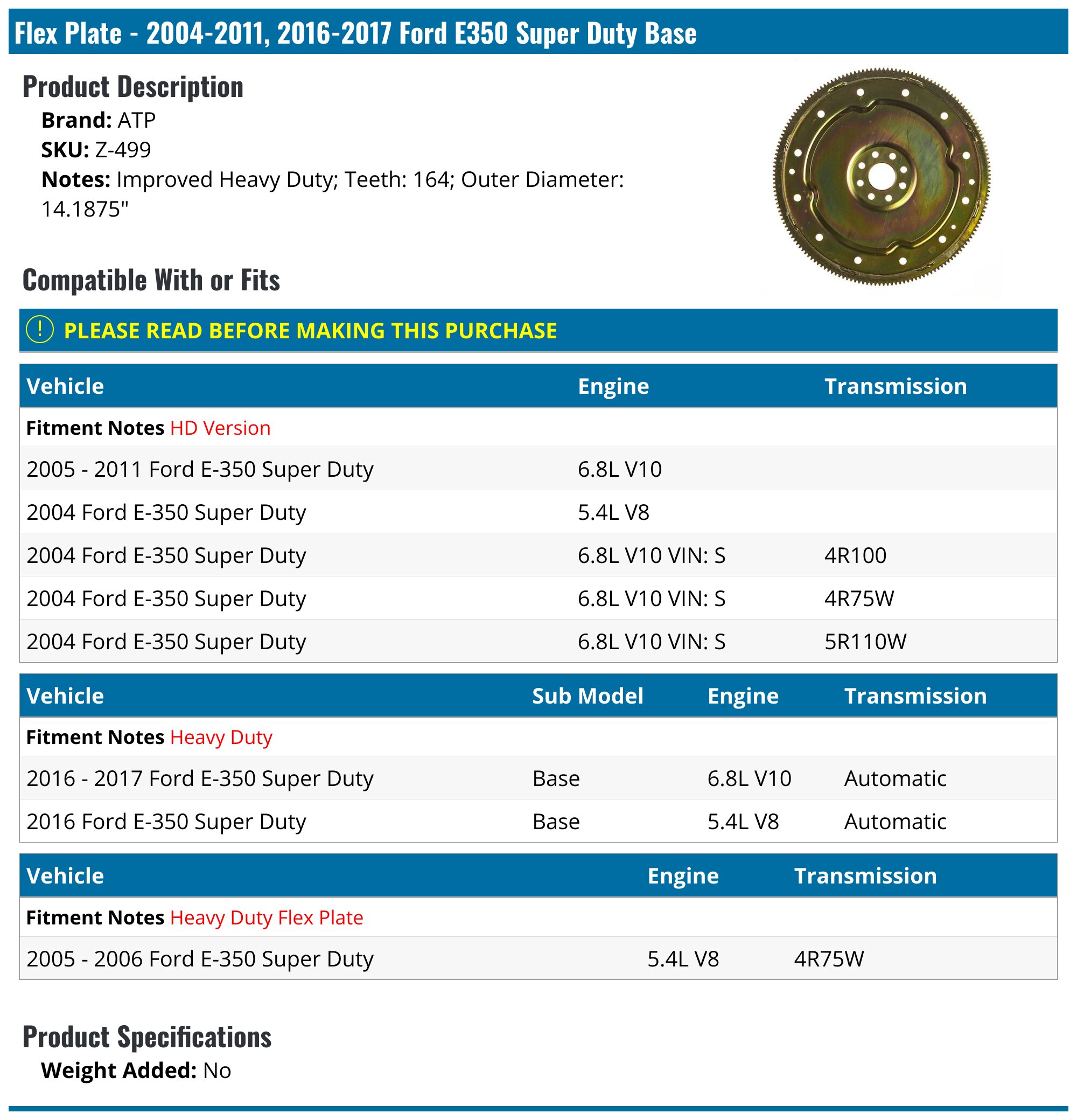 2004-2011, 2016-2017 Ford E350 Super Duty Flex Plate - ATP Z-499 ...