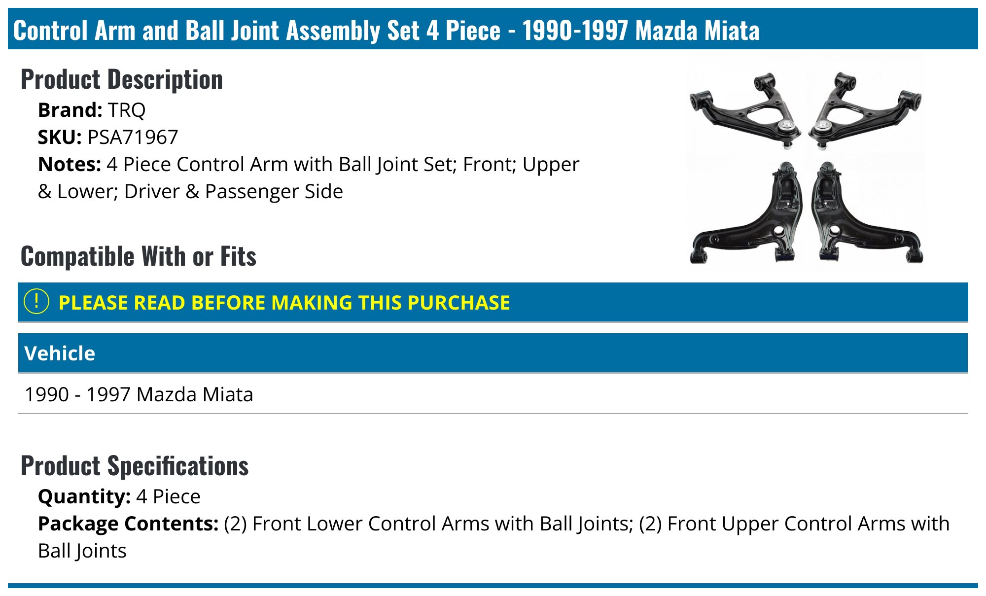 1990-1997 Mazda Miata Control Arm - TRQ PSA71967 - PartsGeek.com