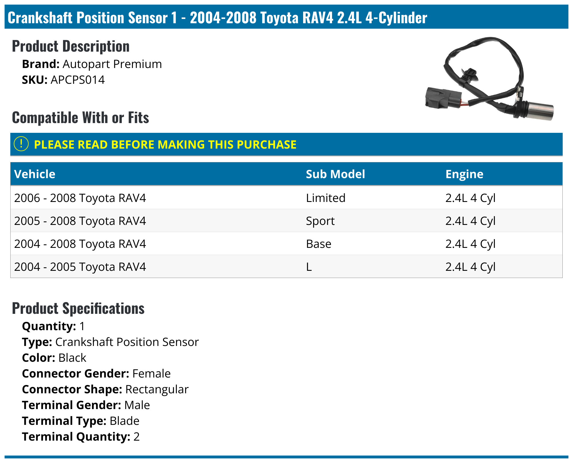 2004-2008 Toyota RAV4 Crank Position Sensor - Autopart Premium APCPS014 ...