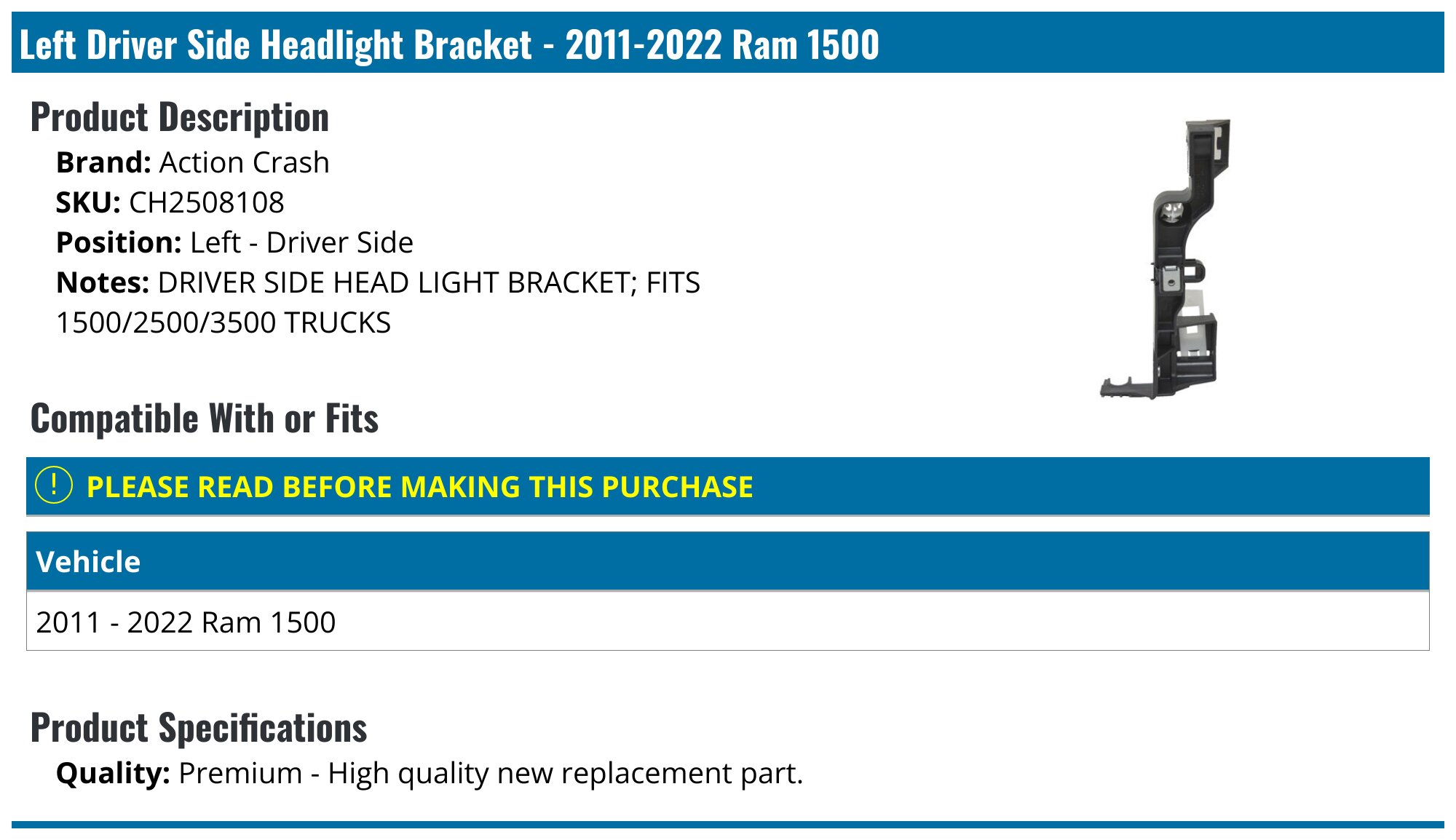 2011-2024 Ram 1500 Headlight Bracket - Action Crash CH2508108 - Left ...