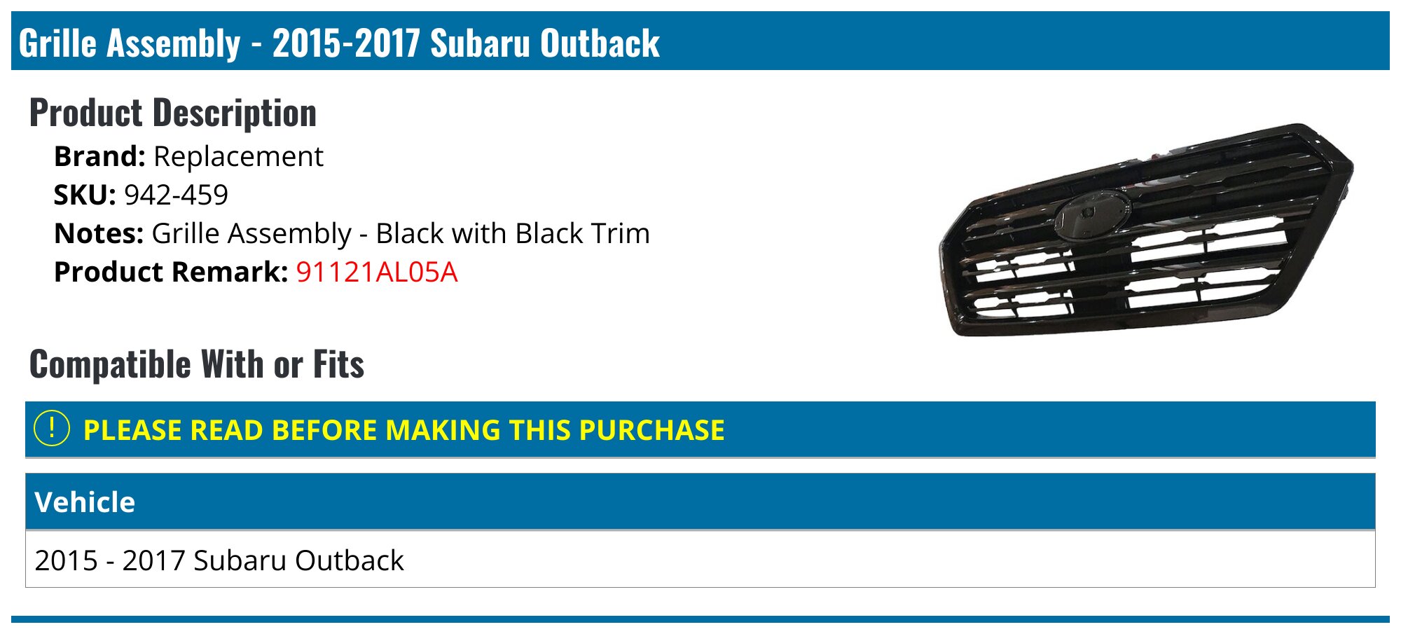 2015-2017 Subaru Outback Grille Assembly - Replacement 942-459 ...
