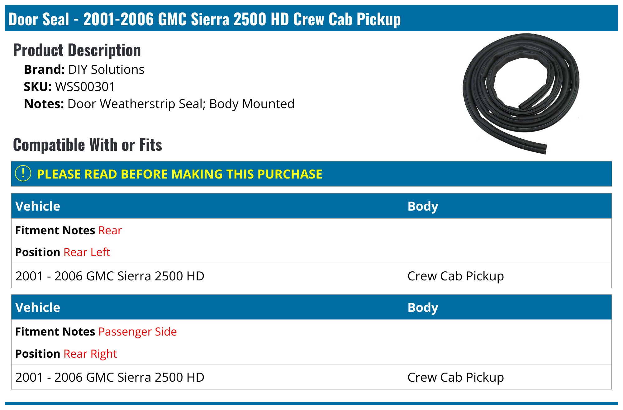 2001-2006 GMC Sierra 2500 HD Door Seal - DIY Solutions WSS00301 - Rear ...