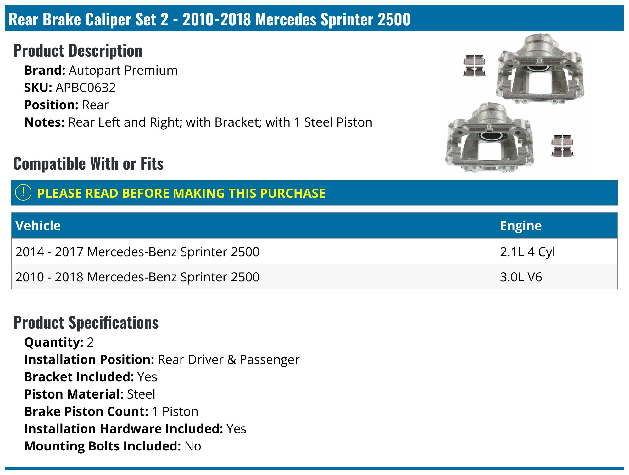 2010-2018 Mercedes Sprinter 2500 Brake Caliper - Autopart Premium ...