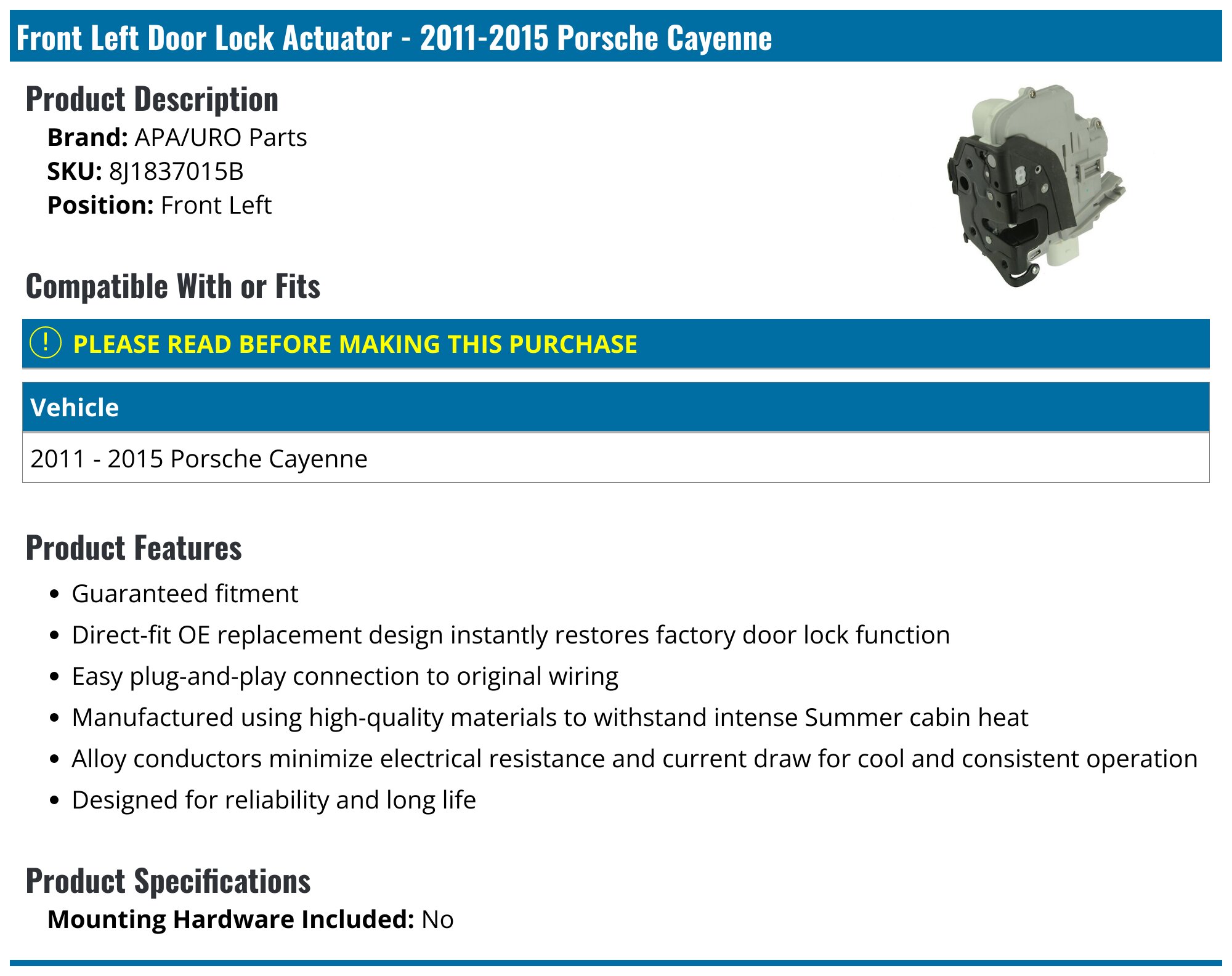 2011-2015 Porsche Cayenne Door Lock Actuator - APA/URO Parts 8J1837015B ...