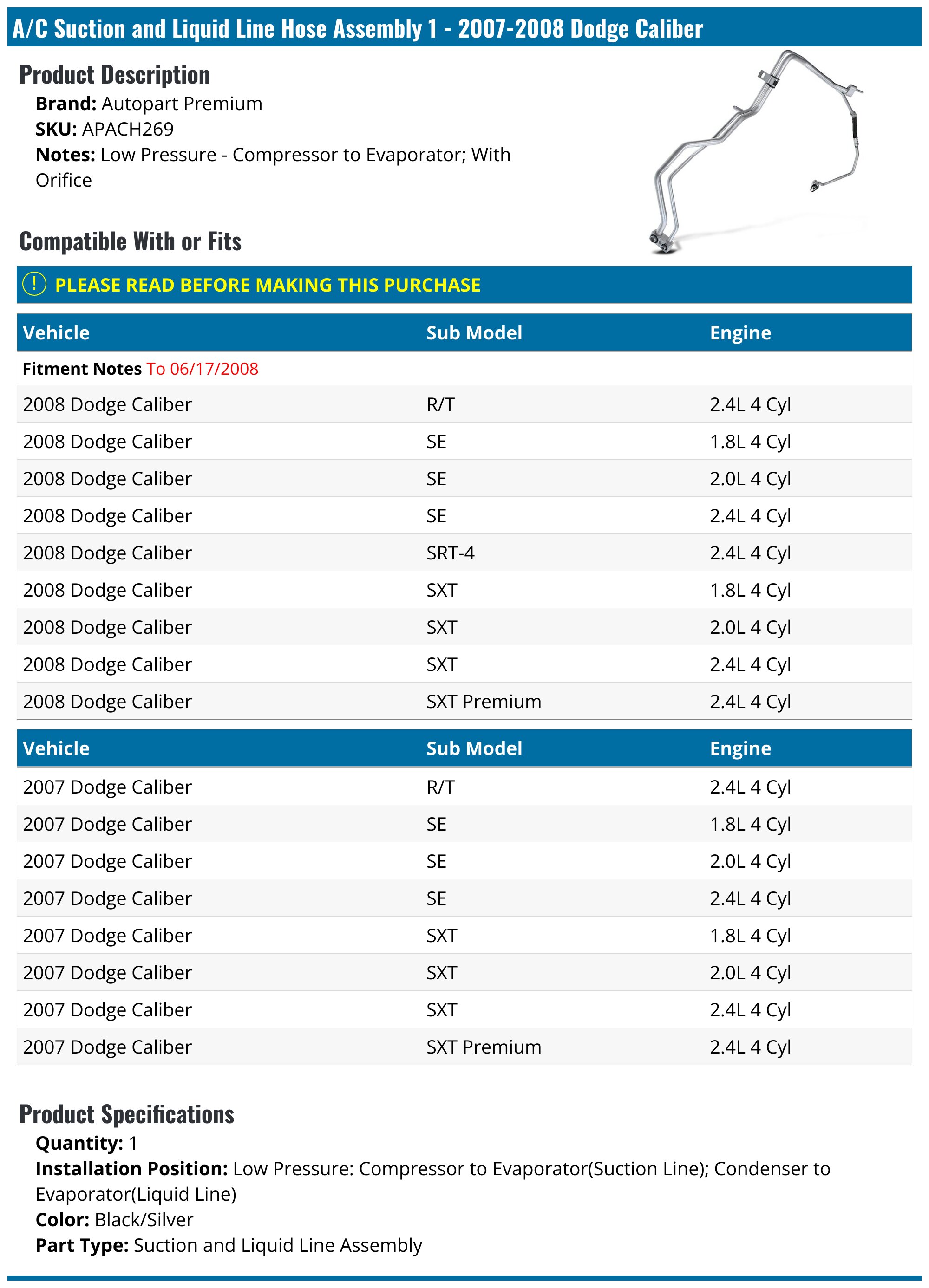 2007-2008 Dodge Caliber A/C Suction and Liquid Line Hose Assembly ...