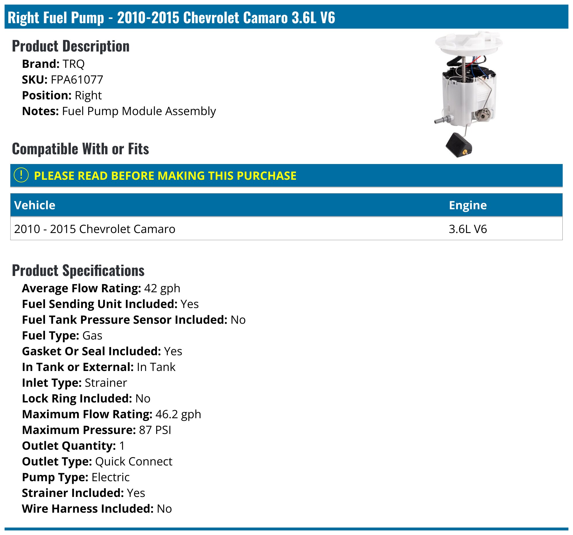2010-2015 Chevrolet Camaro Fuel Pump - TRQ FPA61077 - PartsGeek.com