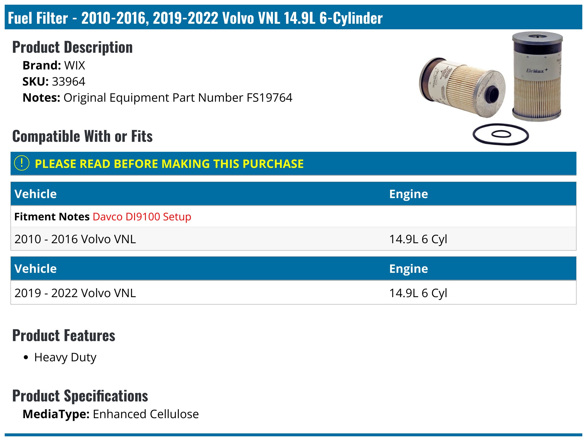 2010-2016, 2019-2022 Volvo VNL Fuel Filter - WIX 33964 - - PartsGeek.com