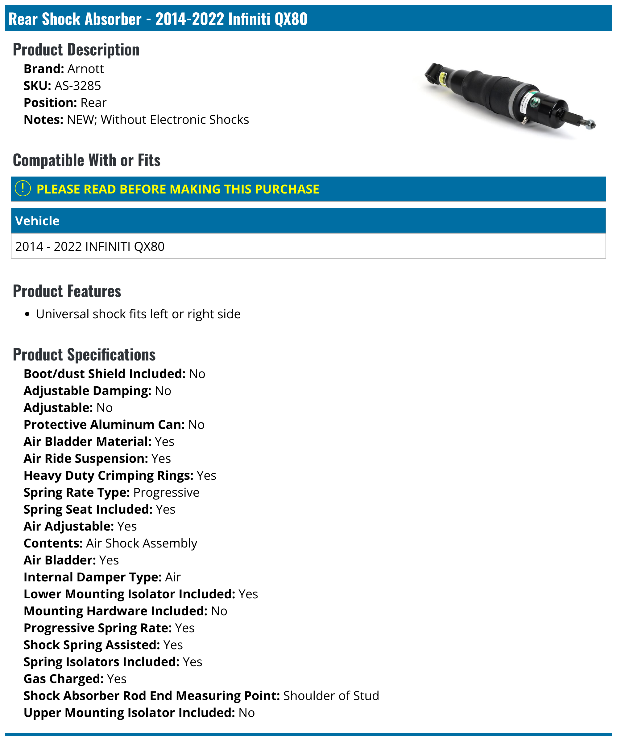 2014-2024 Infiniti QX80 Shock Absorber - Arnott AS-3285 - Rear ...