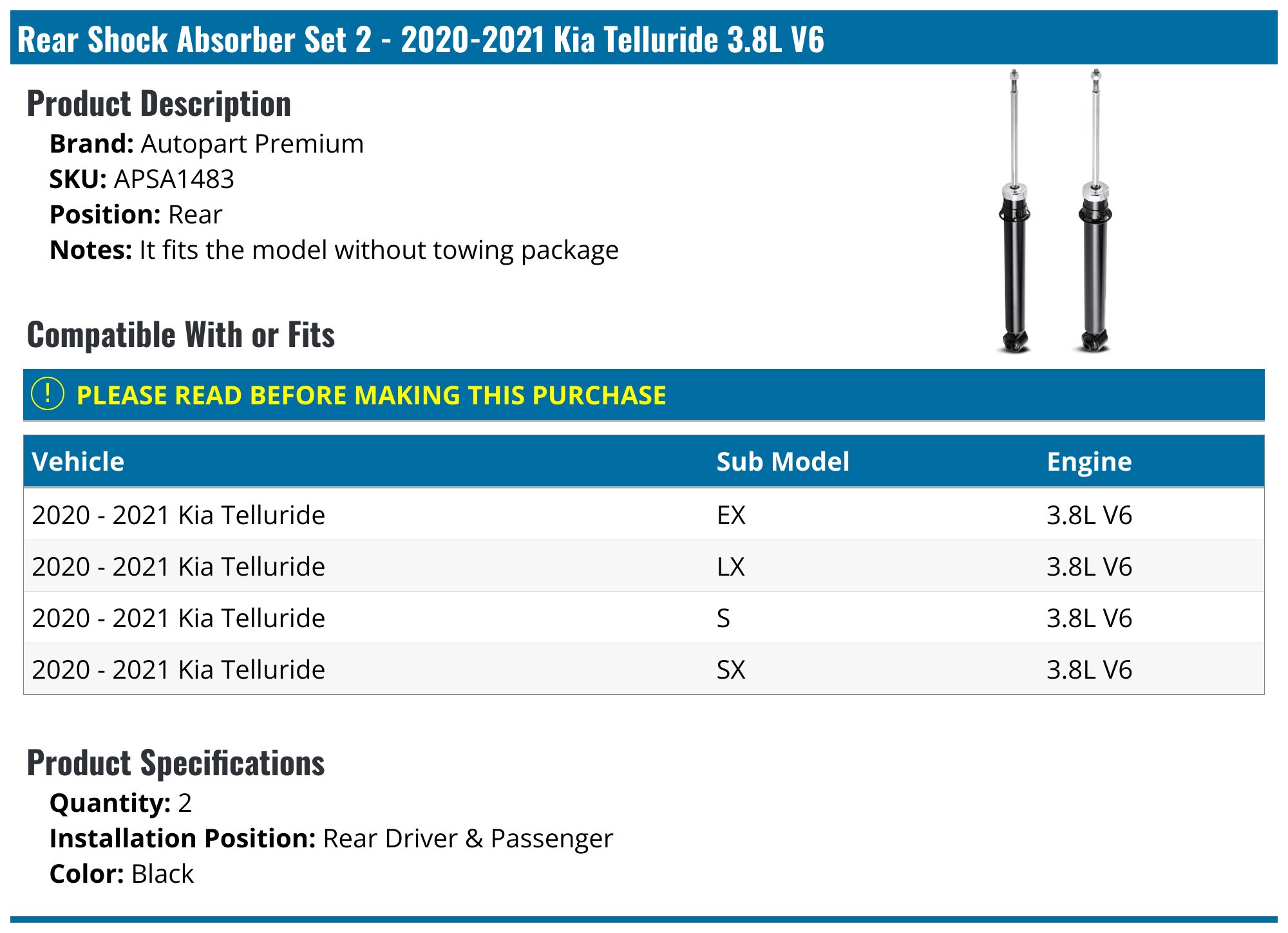 2020-2021 Kia Telluride Shock Absorber - Autopart Premium APSA1483 ...
