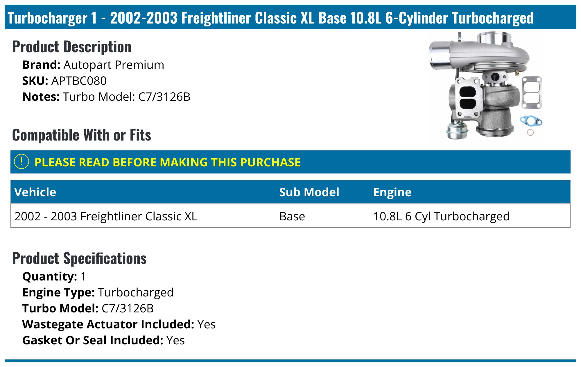 2002-2003 Freightliner Classic XL Turbocharger - Autopart Premium ...