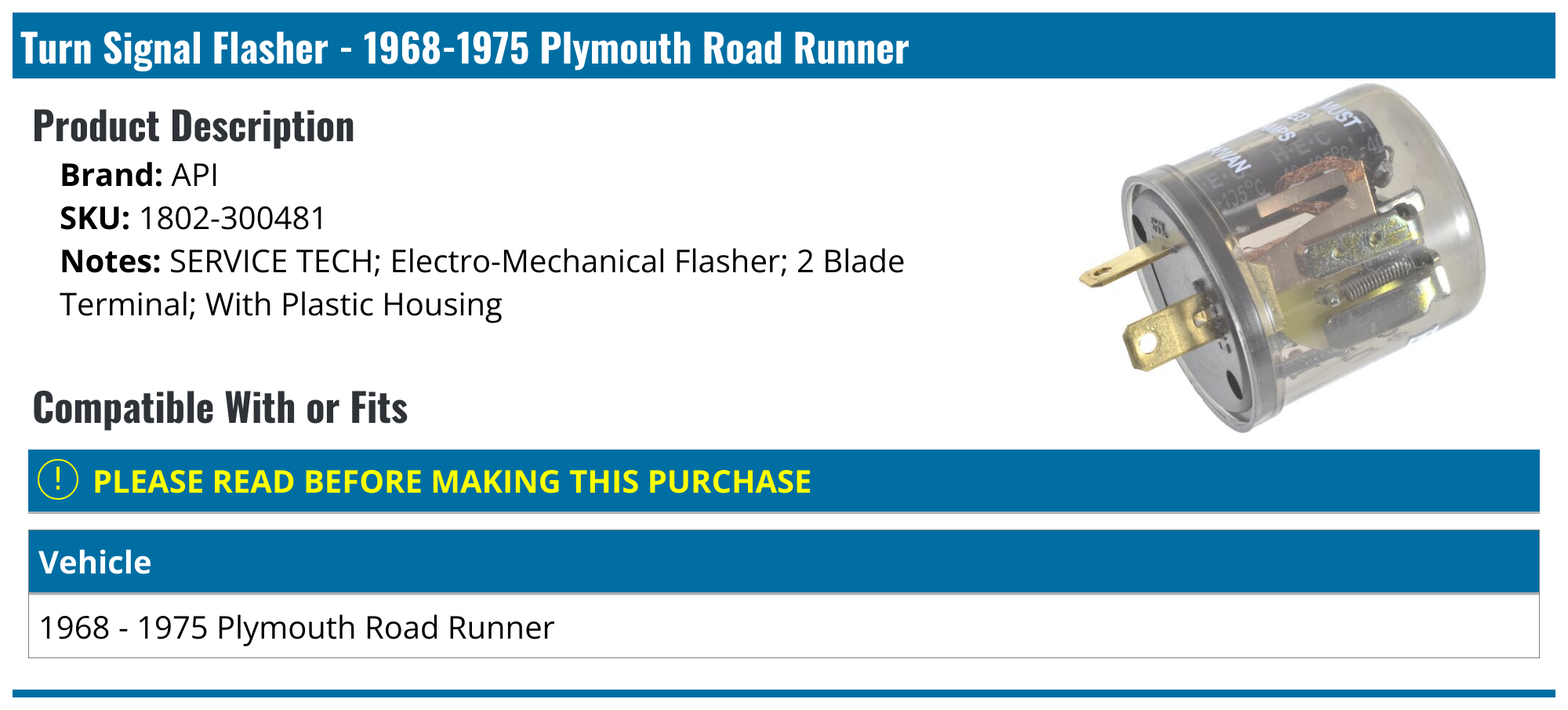 1968-1975 Plymouth Road Runner Turn Signal Flasher - API 16758-07862412 ...