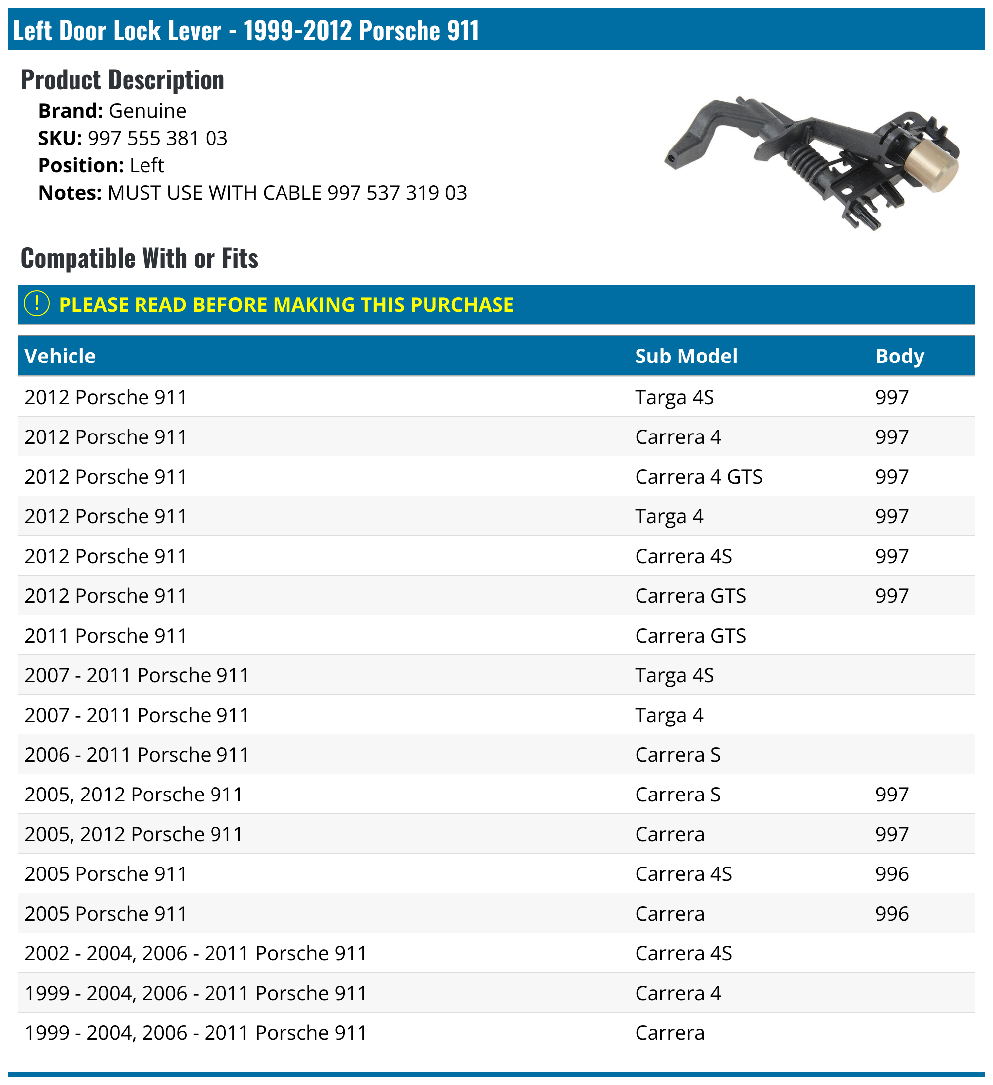 1999-2012 Porsche 911 Door Lock Lever - Genuine 997 555 381 03 - Left ...