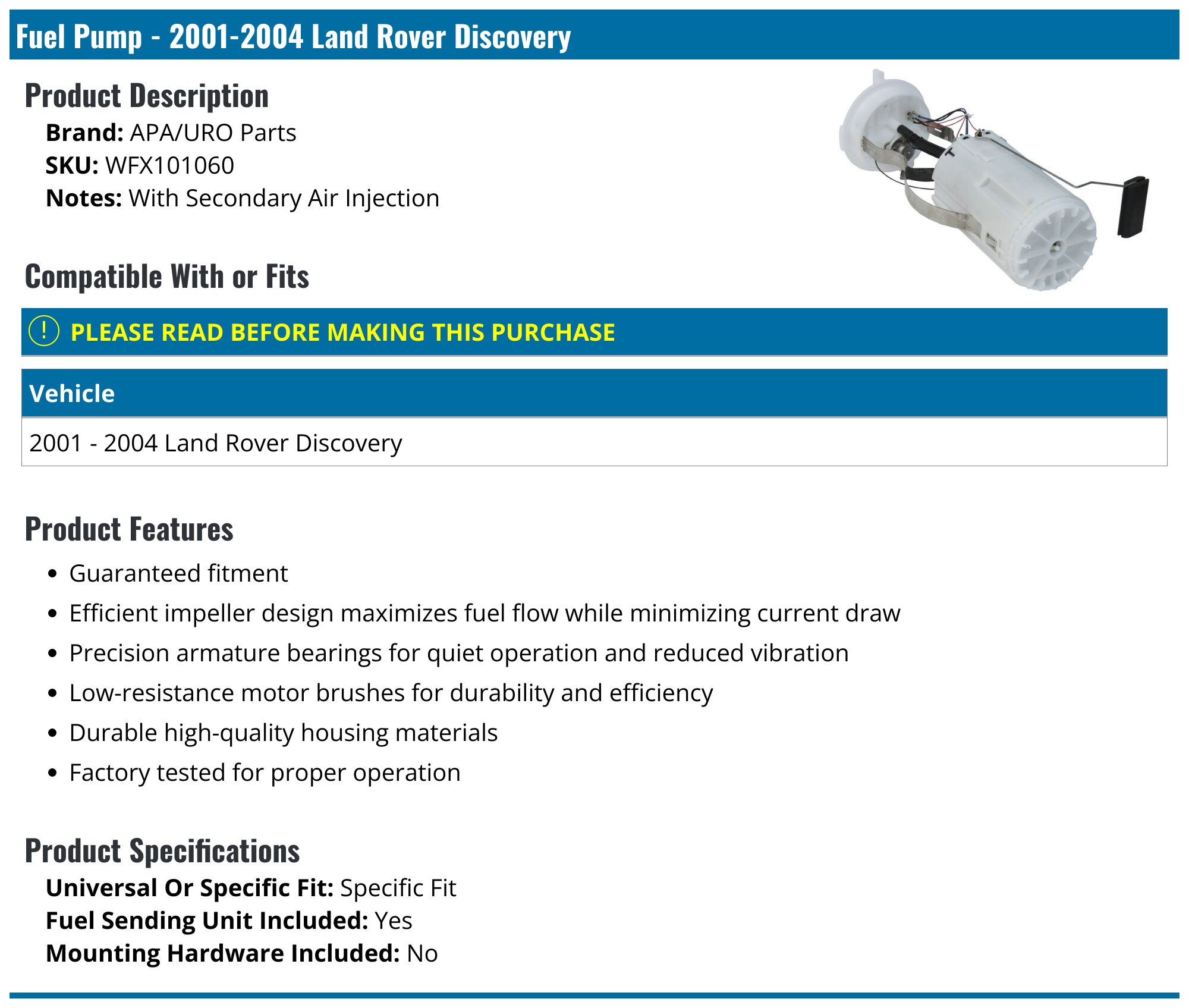 2001-2004 Land Rover Discovery Fuel Pump - APA/URO Parts WFX101060 ...