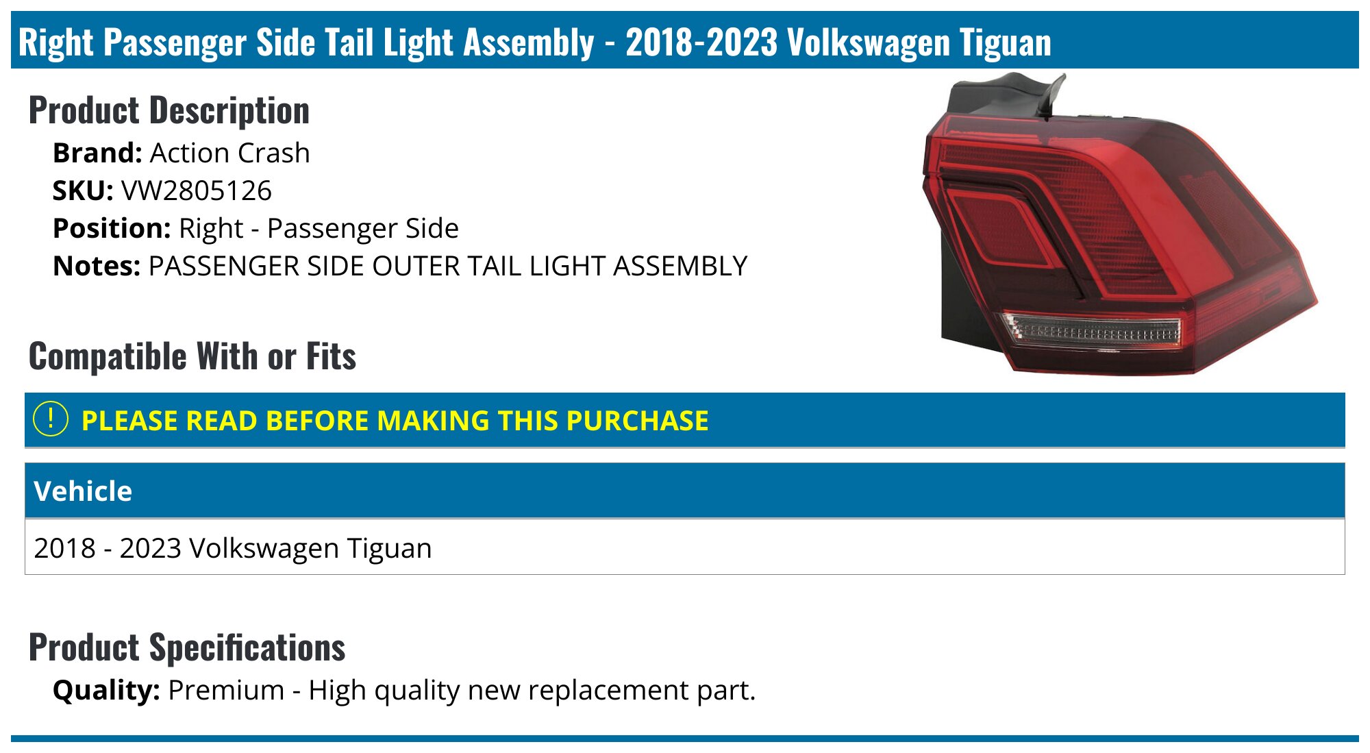 2018-2024 Volkswagen Tiguan Tail Light Assembly - Action Crash ...