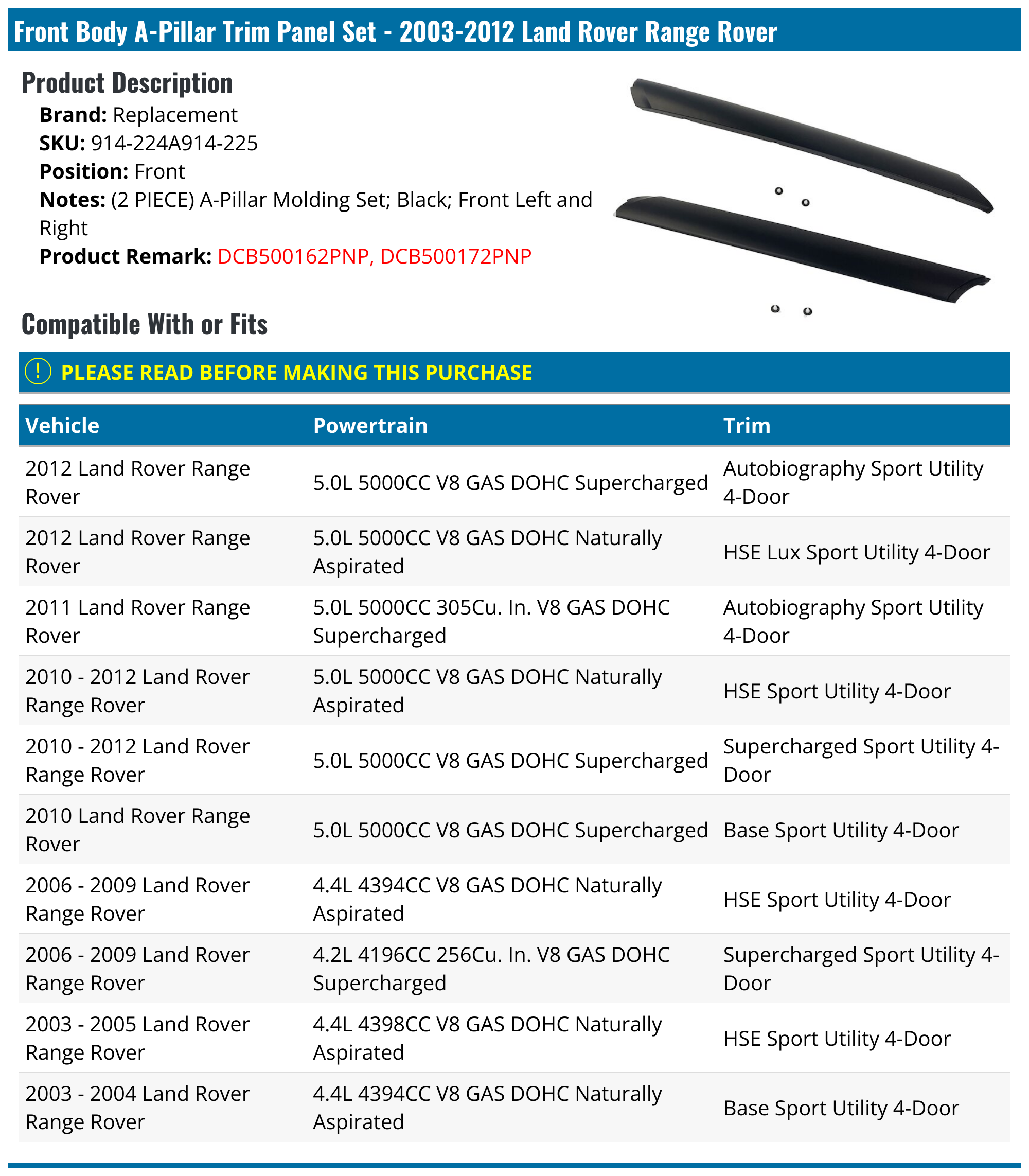 2003-2012 Land Rover Range Rover Body A-Pillar Trim Panel - Replacement ...
