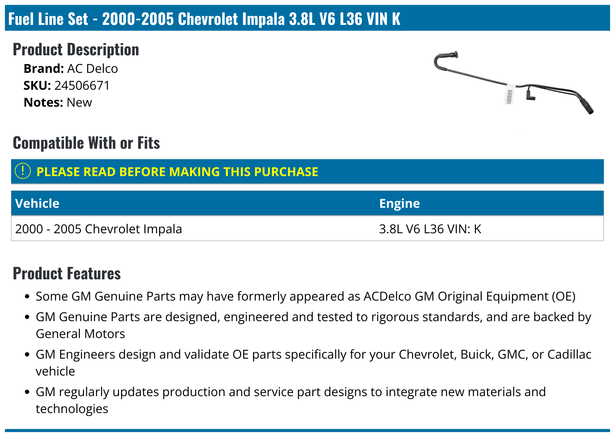 2000-2005 Chevrolet Impala Fuel Line - AC Delco 24506671 - PartsGeek.com