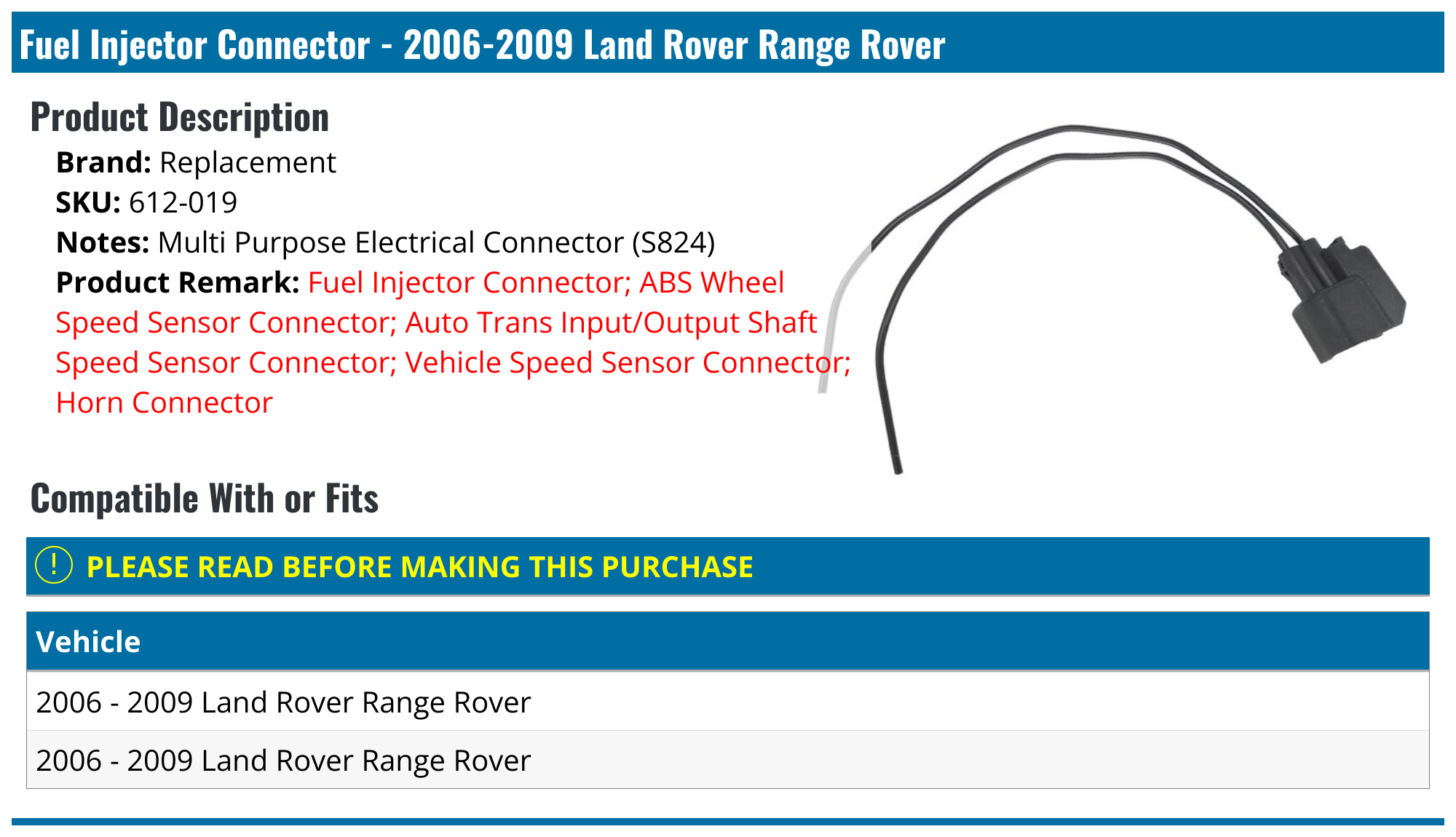 2006-2009 Land Rover Range Rover Fuel Injector Connector - Replacement ...