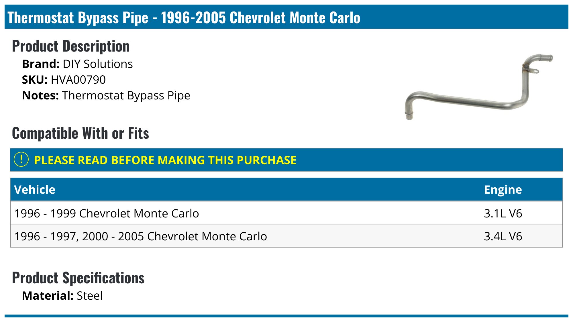 1996-2005 Chevrolet Monte Carlo Thermostat Bypass Pipe - DIY Solutions ...