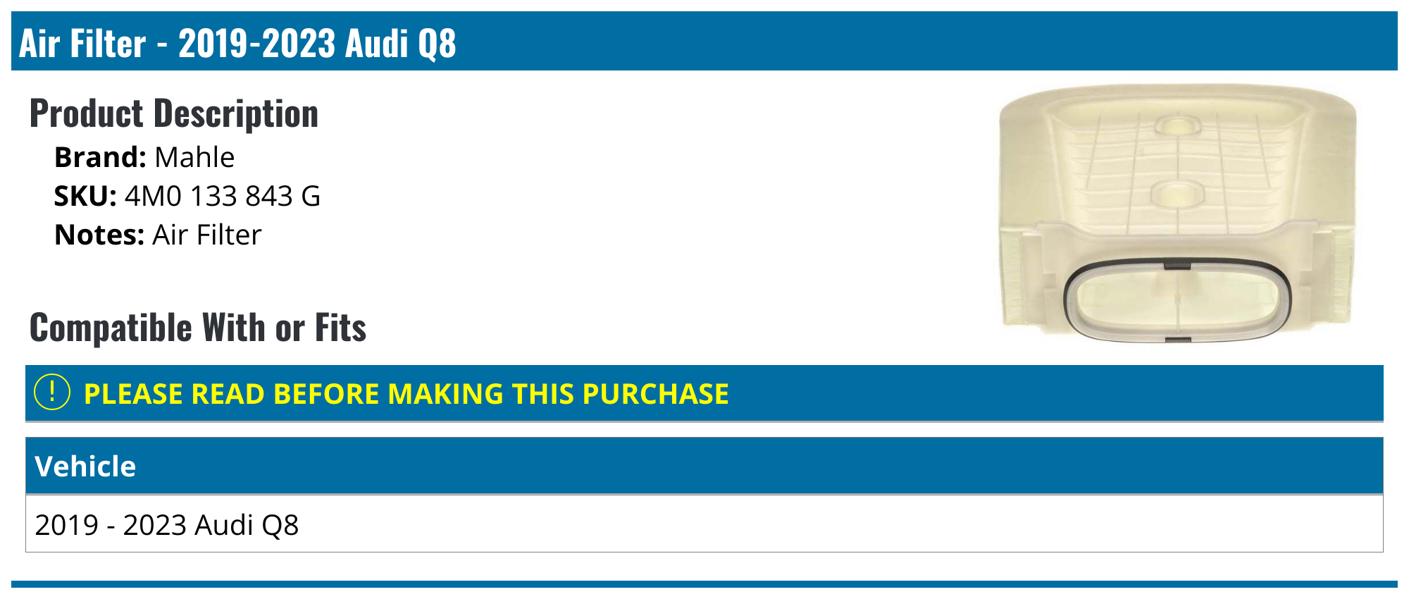 2019-2024 Audi Q8 Air Filter - Mahle 4M0 133 843 G - PartsGeek.com