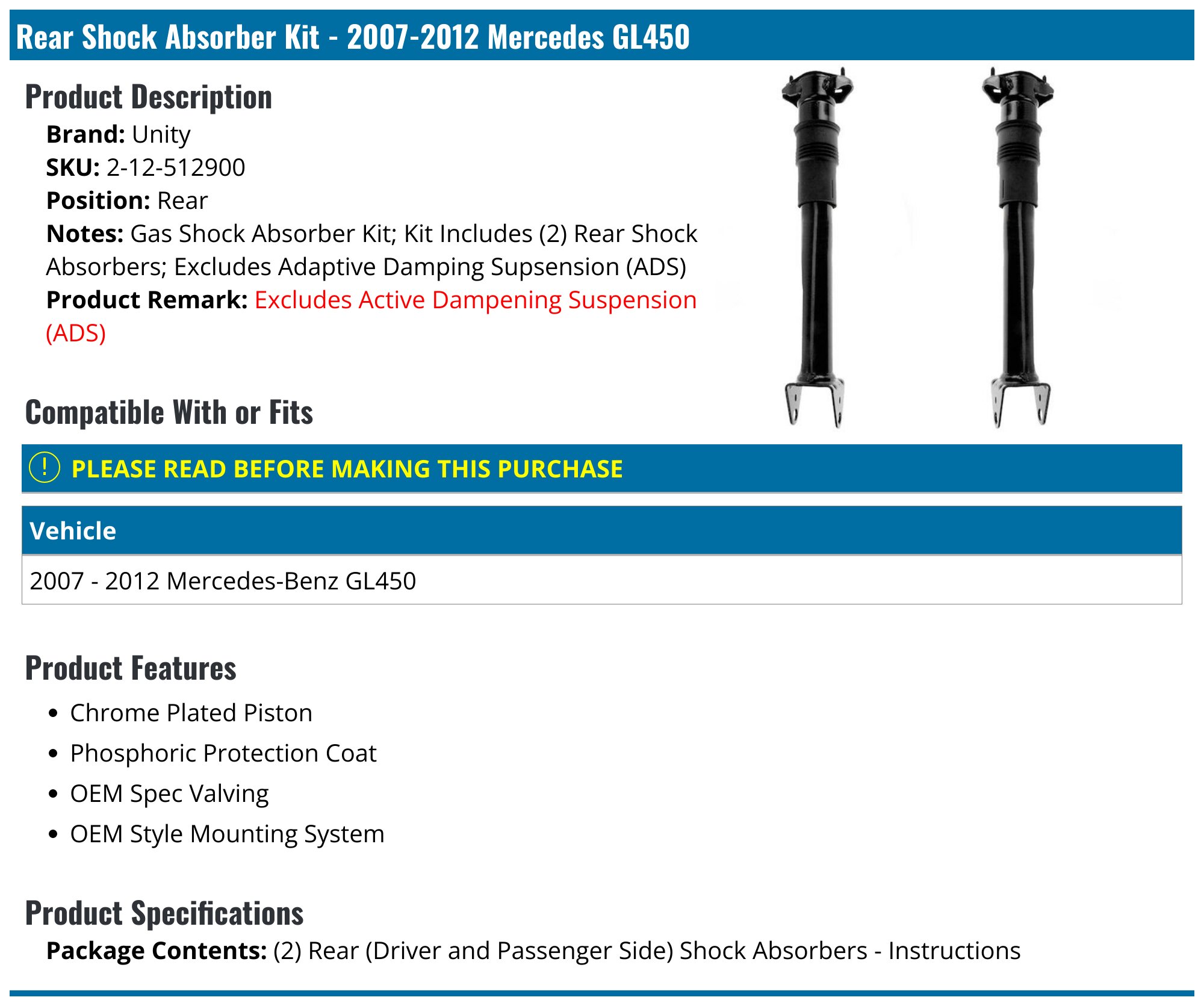 2007-2012 Mercedes GL450 Shock Absorber - Unity 2-12-512900 - Rear ...