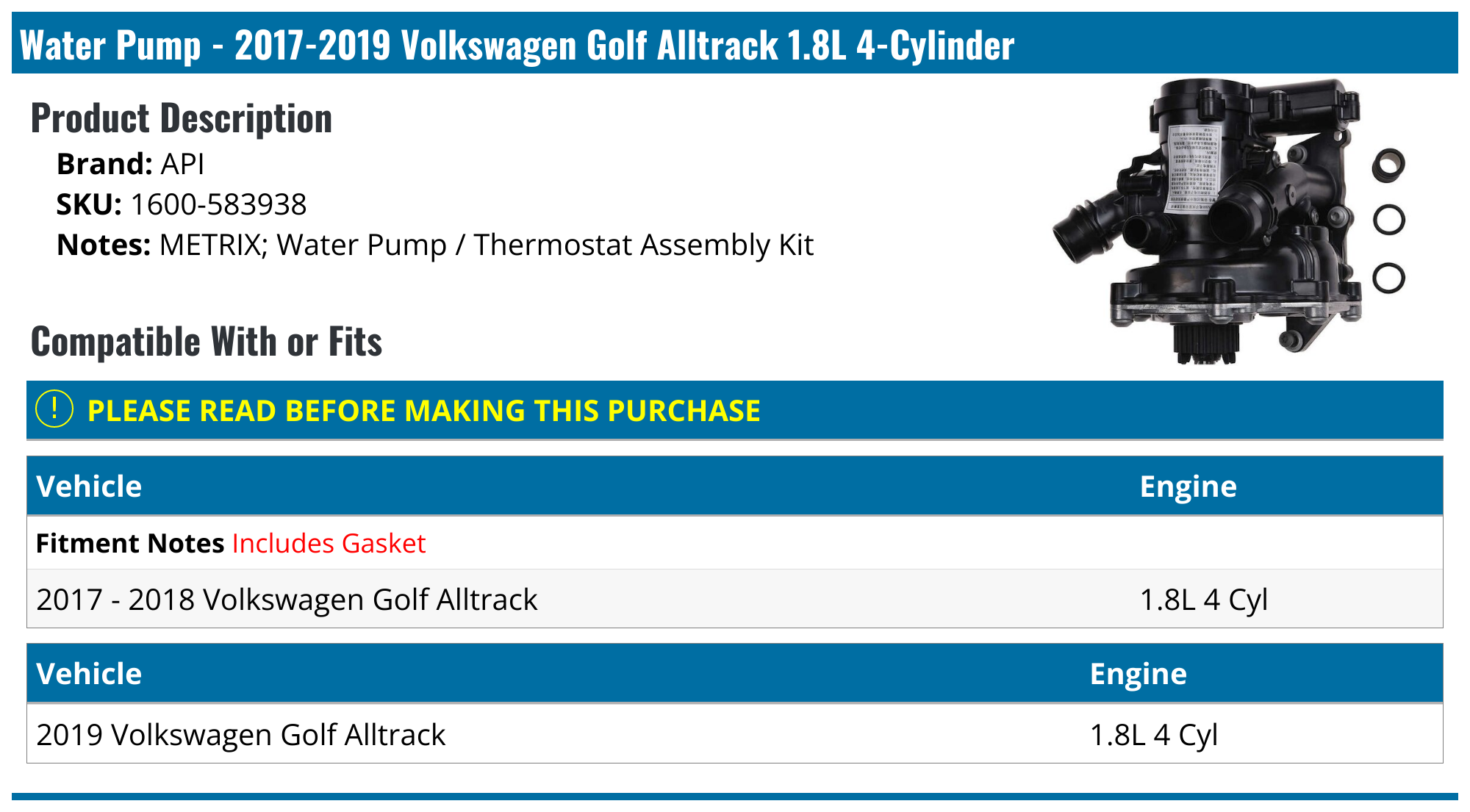 2017-2019 Volkswagen Golf Alltrack Water Pump - API 140810-02033388 ...