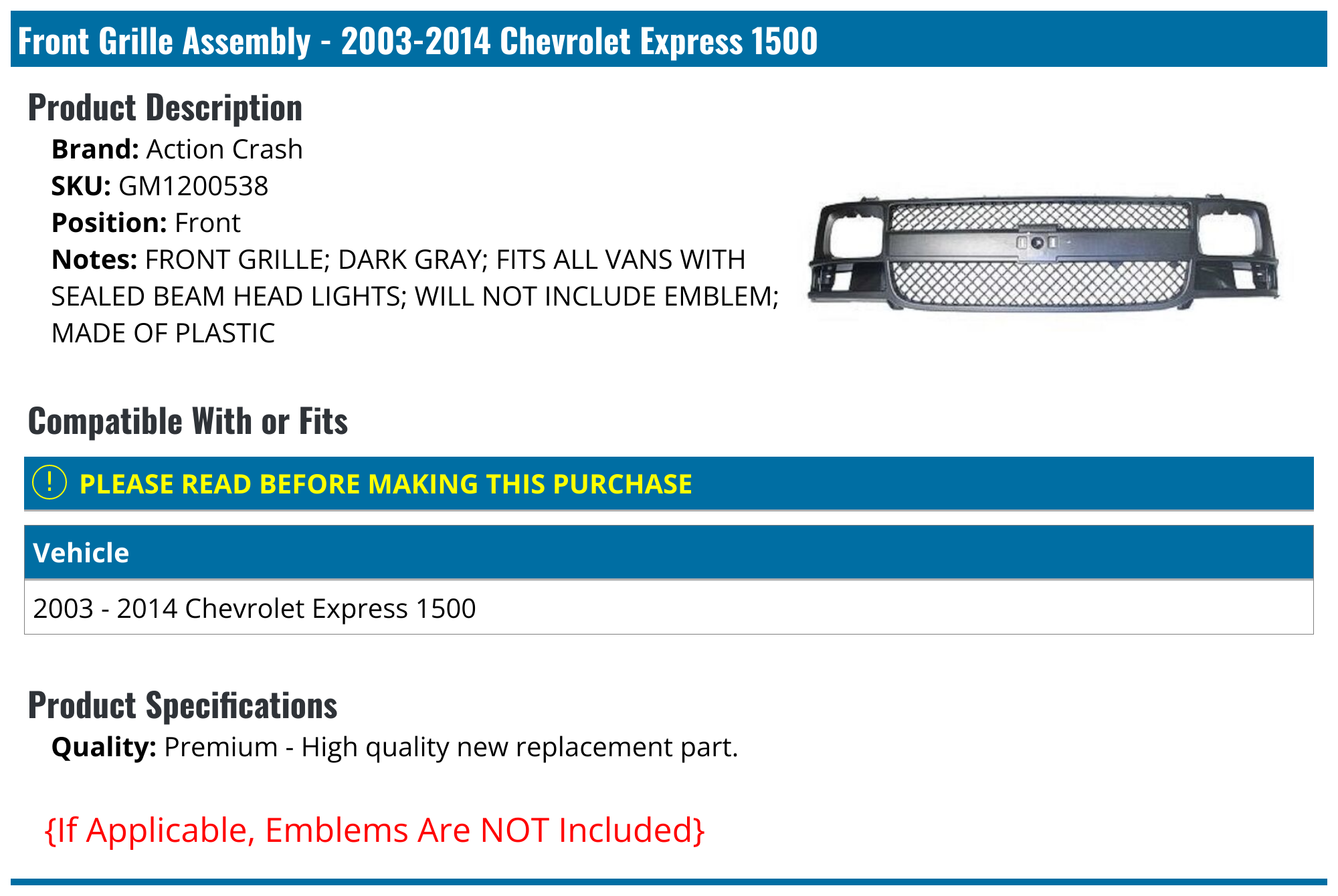 2003-2014 Chevrolet Express 1500 Grille Assembly - Action Crash ...