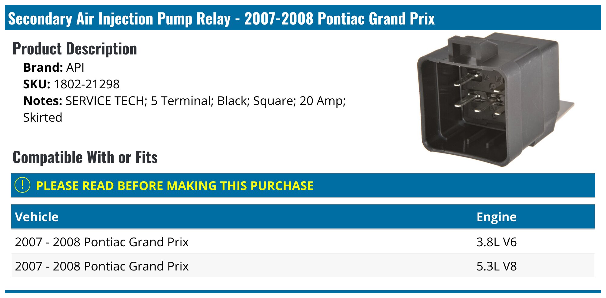 2007-2008 Pontiac Grand Prix Secondary Air Injection Pump Relay - API ...