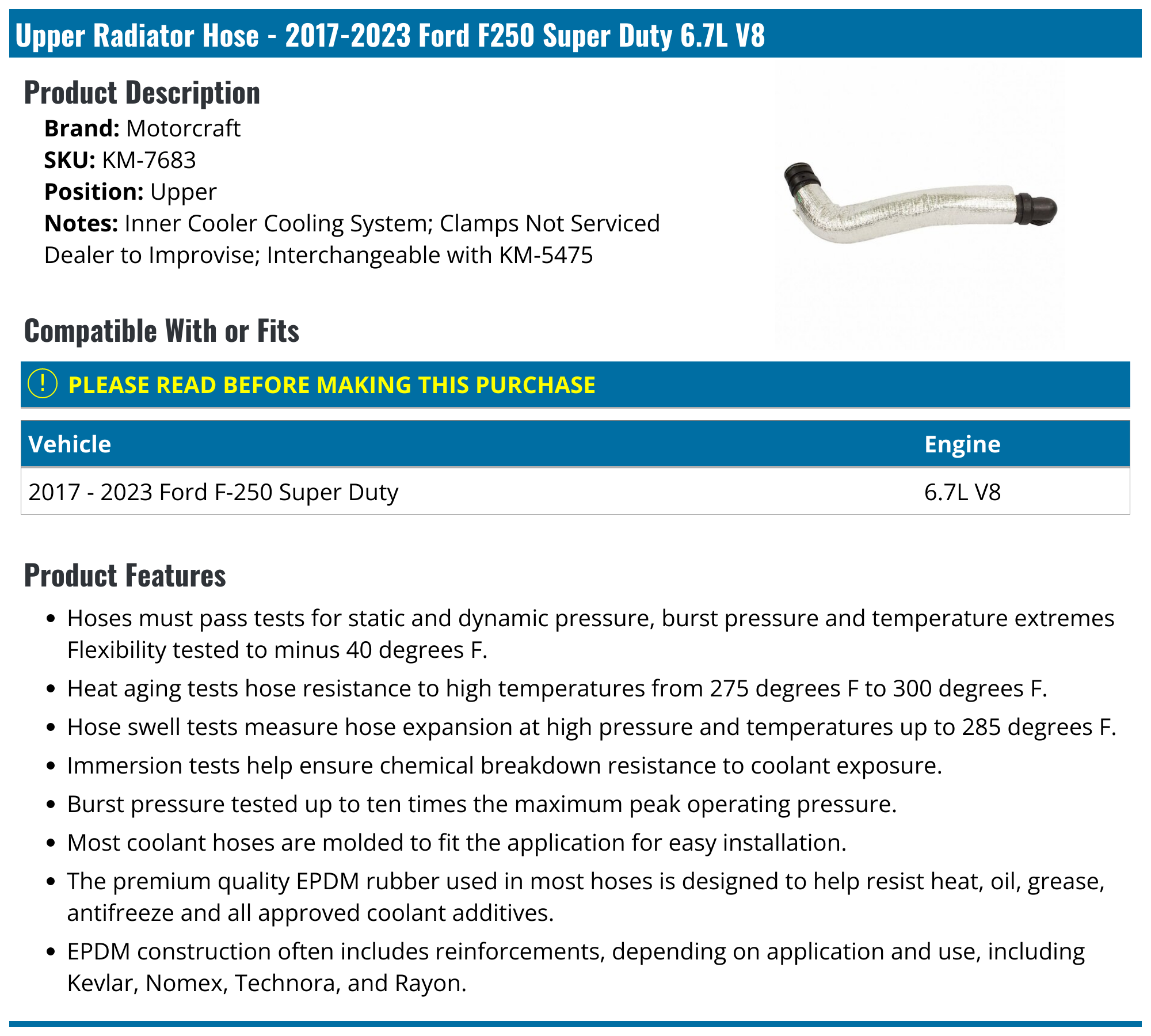 2017-2026 Ford F250 Super Duty Radiator Hose - Motorcraft KM-7683 ...