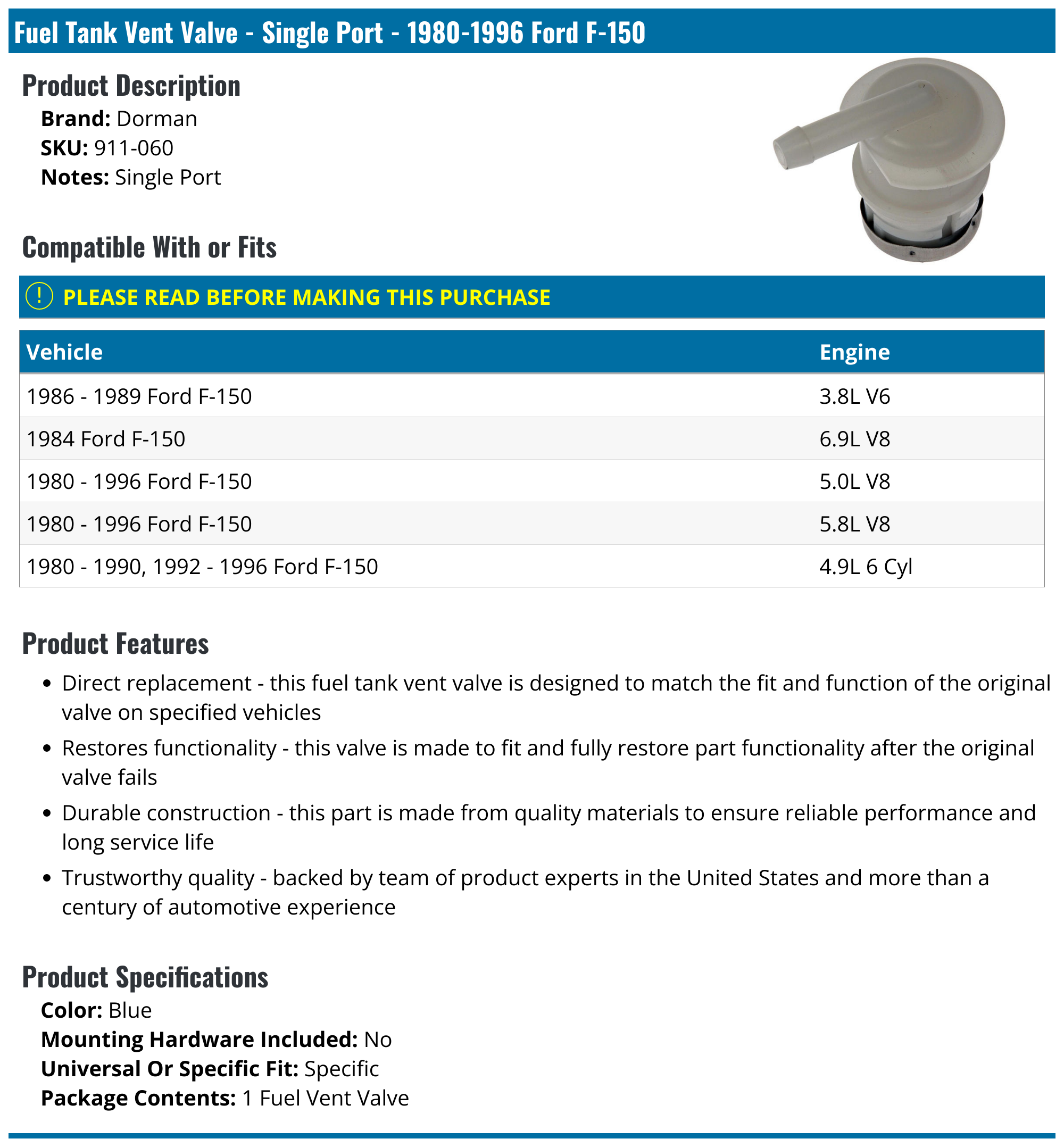 1980-1996 Ford F150 Fuel Tank Vent Valve - Dorman 911-060 - - PartsGeek.com