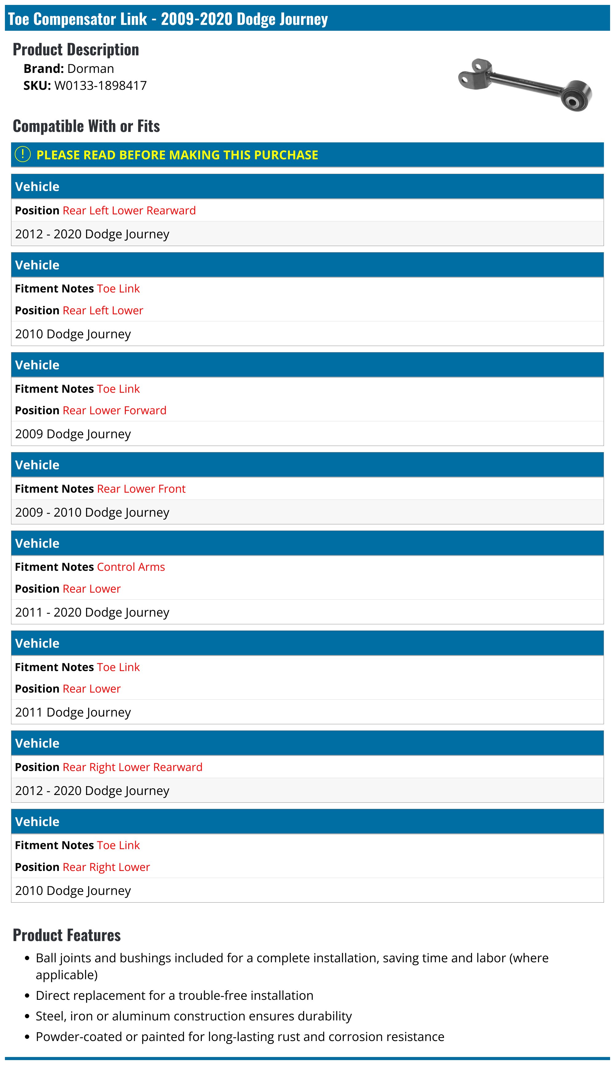 2009-2020 Dodge Journey Toe Compensator Link - Dorman W0133-1898417 ...