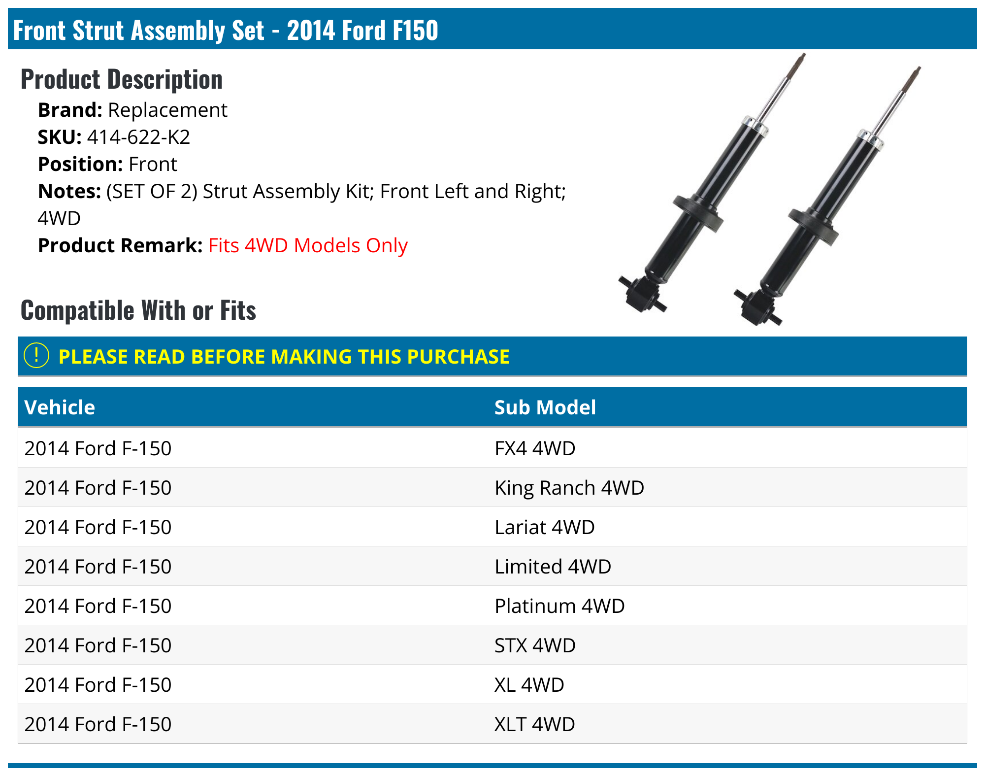 2014 Ford F150 Strut Assembly - Replacement 414-622-K2 - Front ...