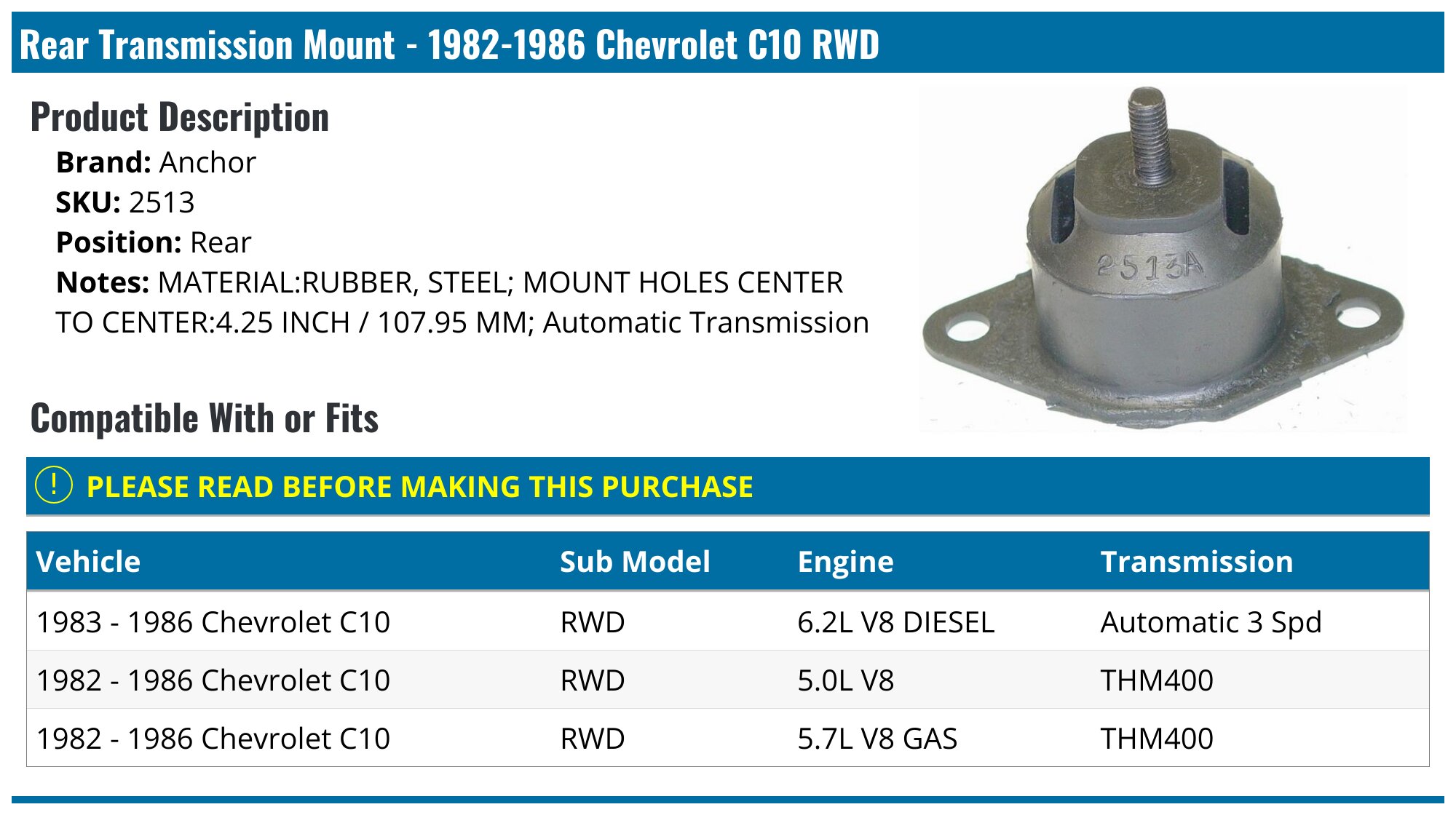 1982-1986 Chevrolet C10 Transmission Mount - Anchor 2513 - Rear ...