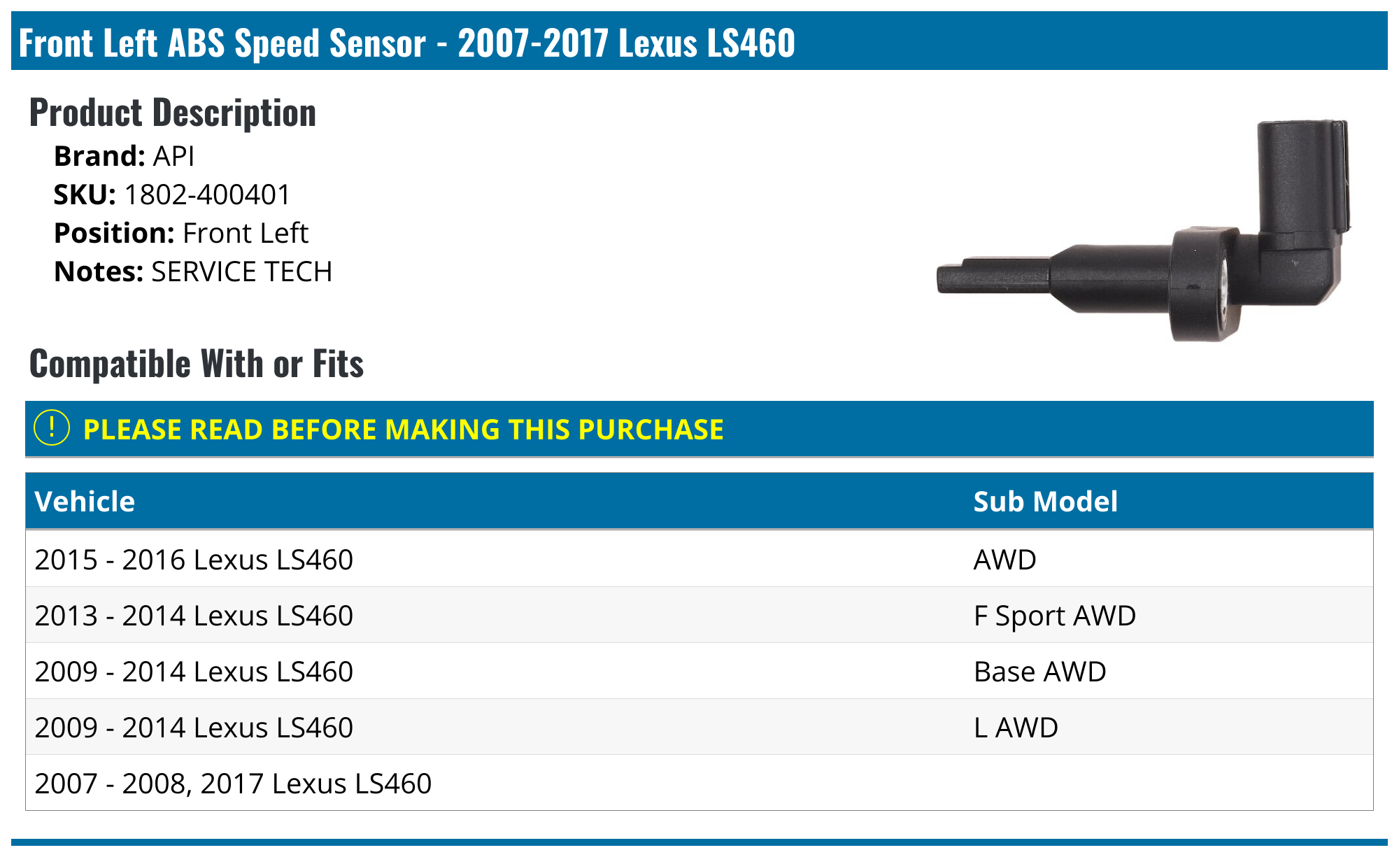 2007-2017 Lexus LS460 ABS Speed Sensor - API 24028-02514808 - Front ...