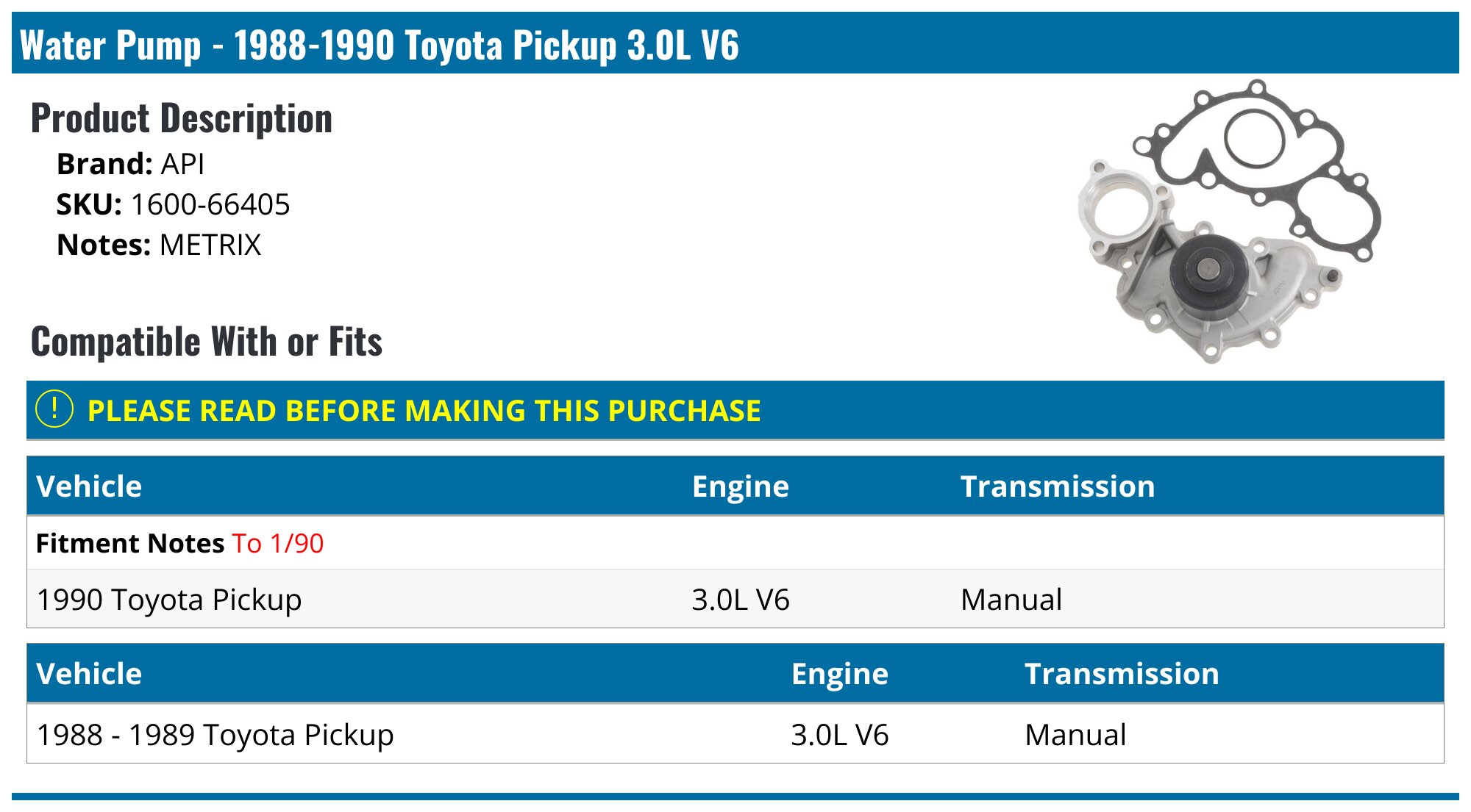 1988-1990 Toyota Pickup Water Pump - API 8164-07571193 - PartsGeek.com