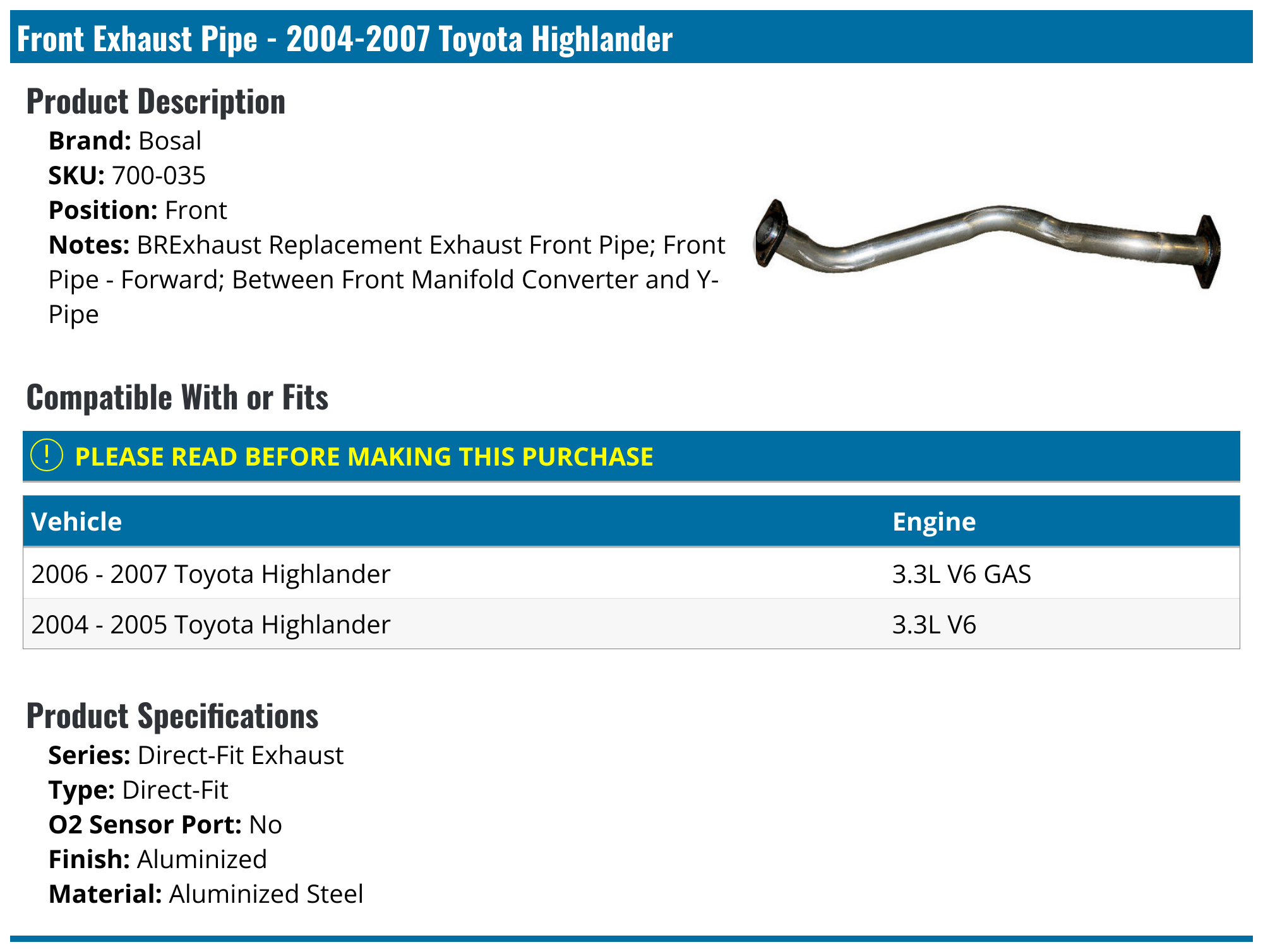 2004-2007 Toyota Highlander Exhaust Pipe - Bosal 700-035 - Front ...