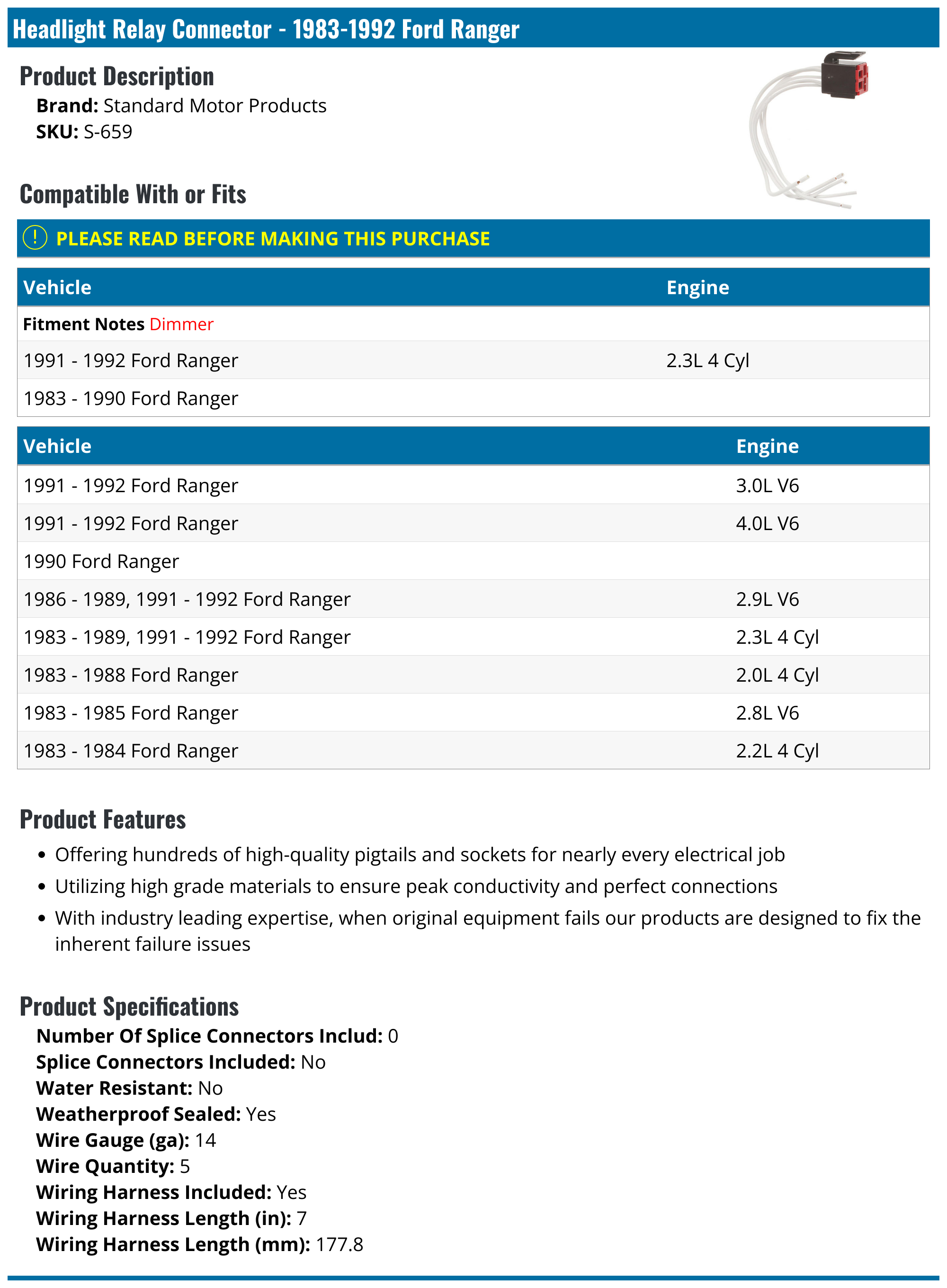 1983-1992 Ford Ranger Headlight Relay Connector - Standard Motor ...