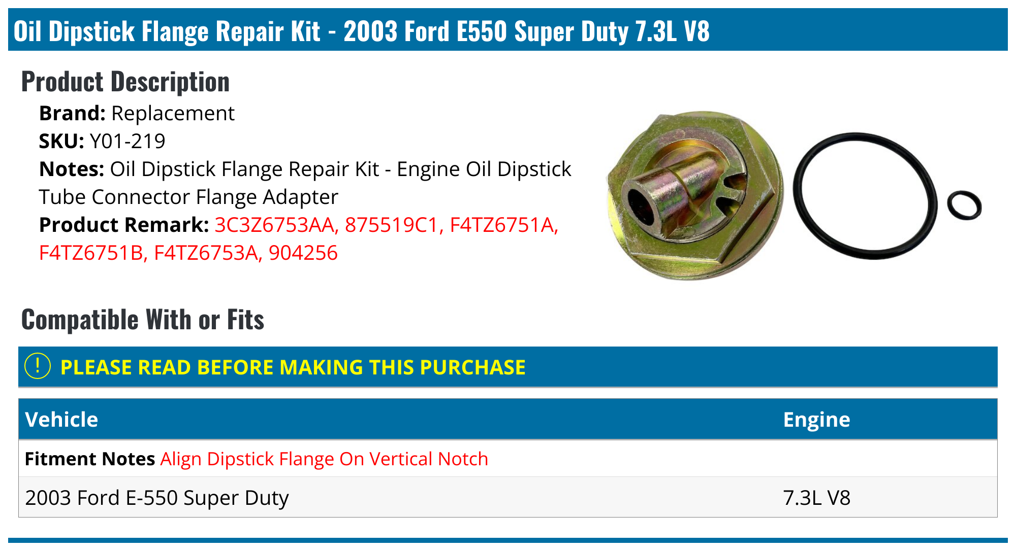 2003 Ford E550 Super Duty Oil Dipstick Flange Repair Kit - Replacement ...