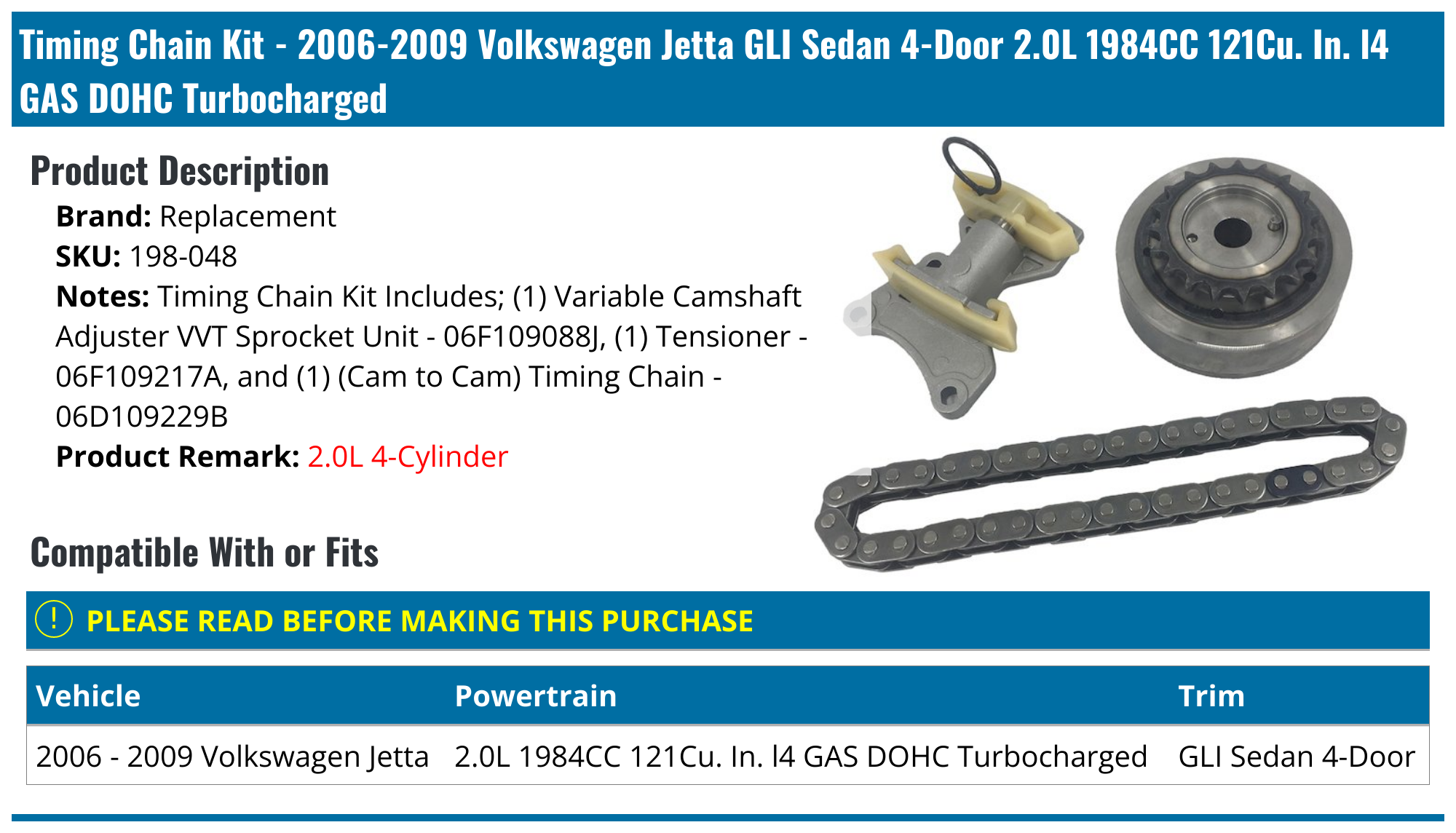 2006-2009 Volkswagen Jetta Timing Chain - Replacement 198-048 ...