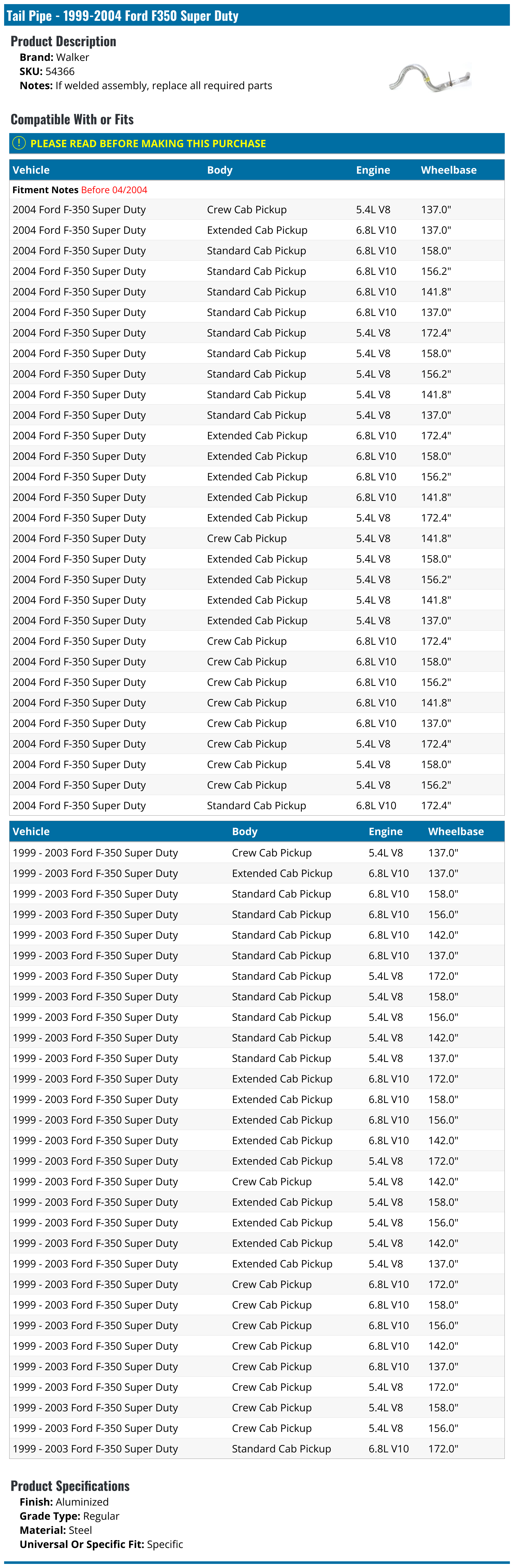 1999-2004 Ford F350 Super Duty Tail Pipe - Walker 54366 - PartsGeek.com