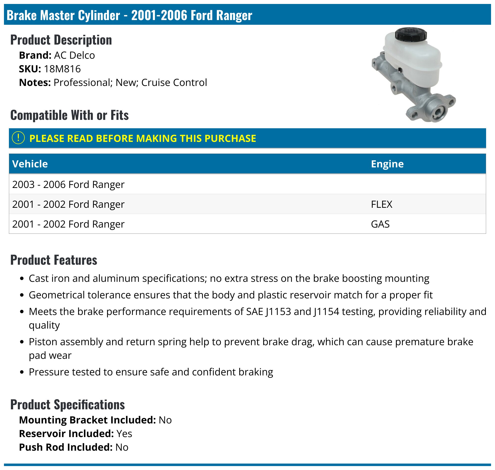 2001-2006 Ford Ranger Brake Master Cylinder - AC Delco 18M816 ...