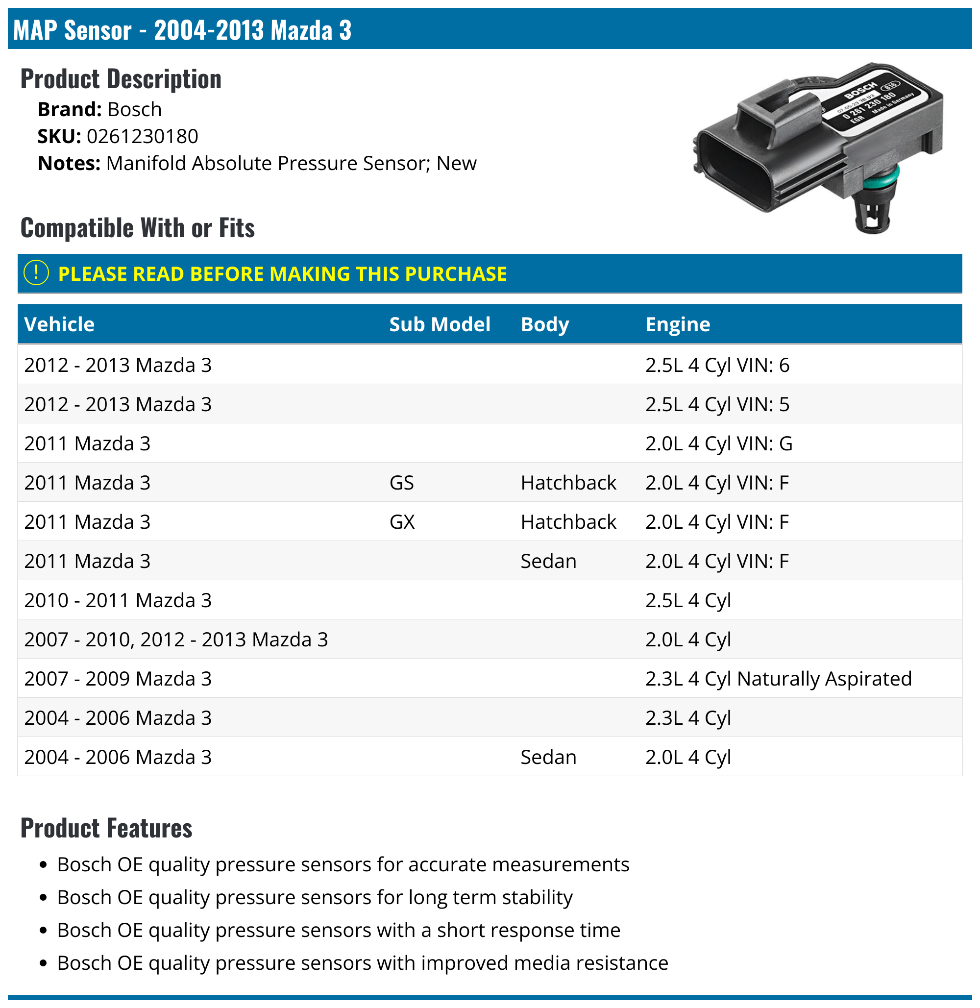 2004-2013 Mazda 3 MAP Sensor - Bosch 0261230180 - PartsGeek.com