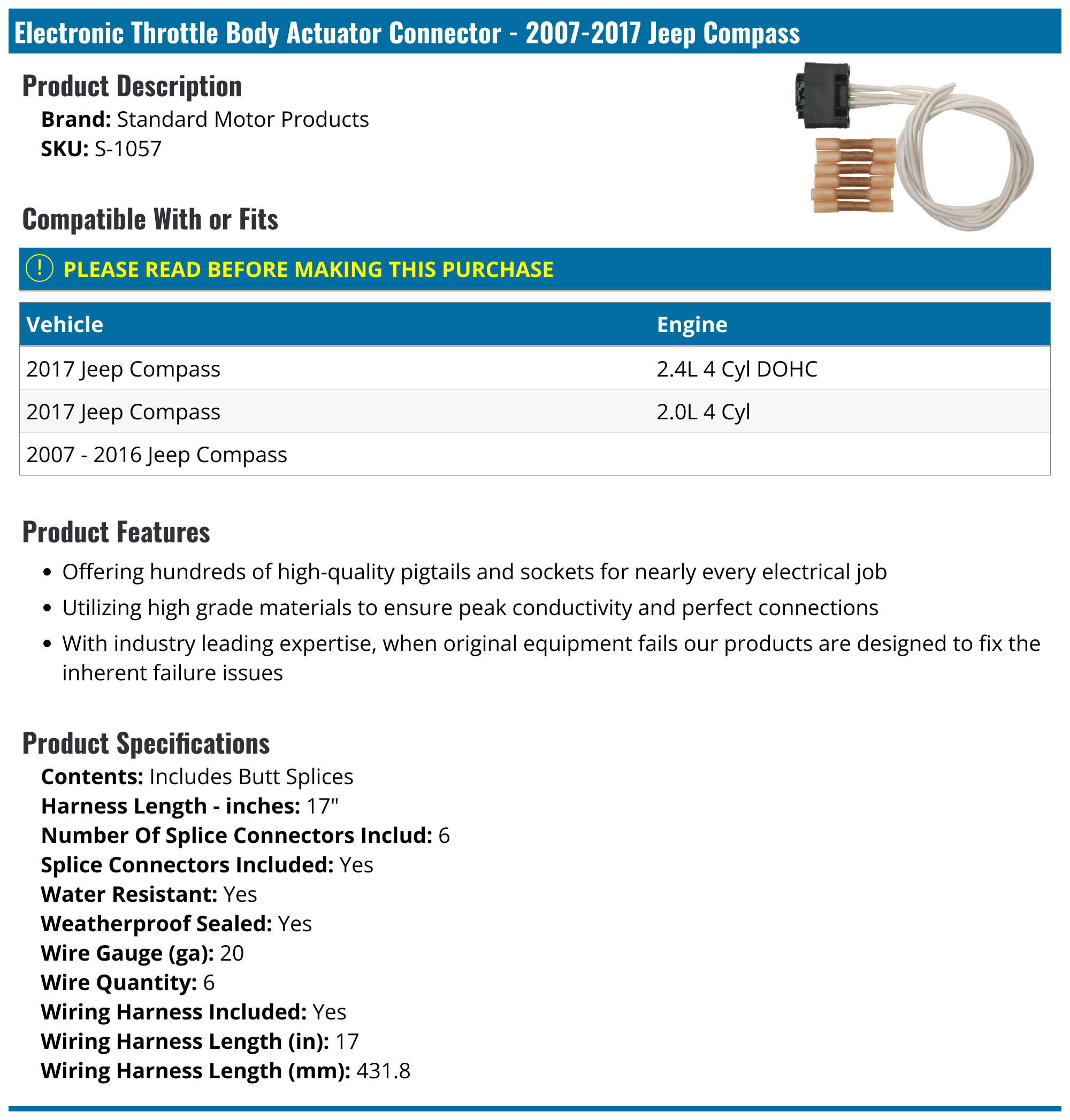 2007-2017 Jeep Compass Electronic Throttle Body Actuator Connector ...