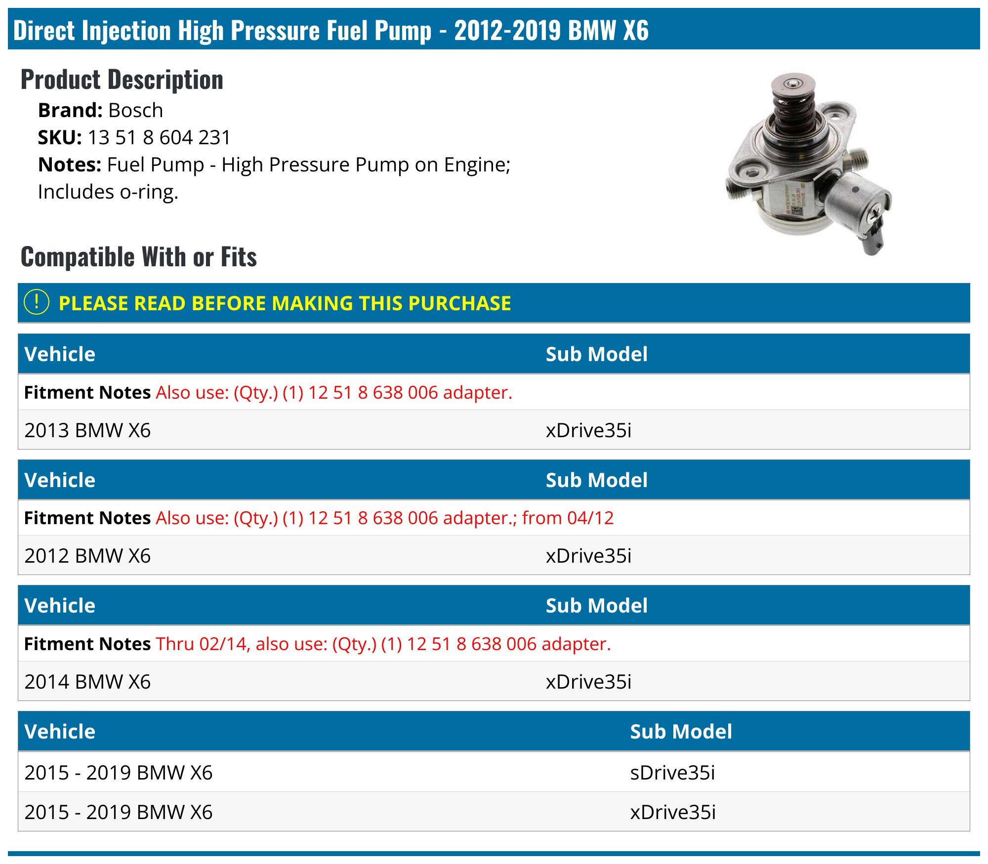 2012-2019 BMW X6 Fuel Pump - Bosch 13 51 8 604 231 - PartsGeek.com