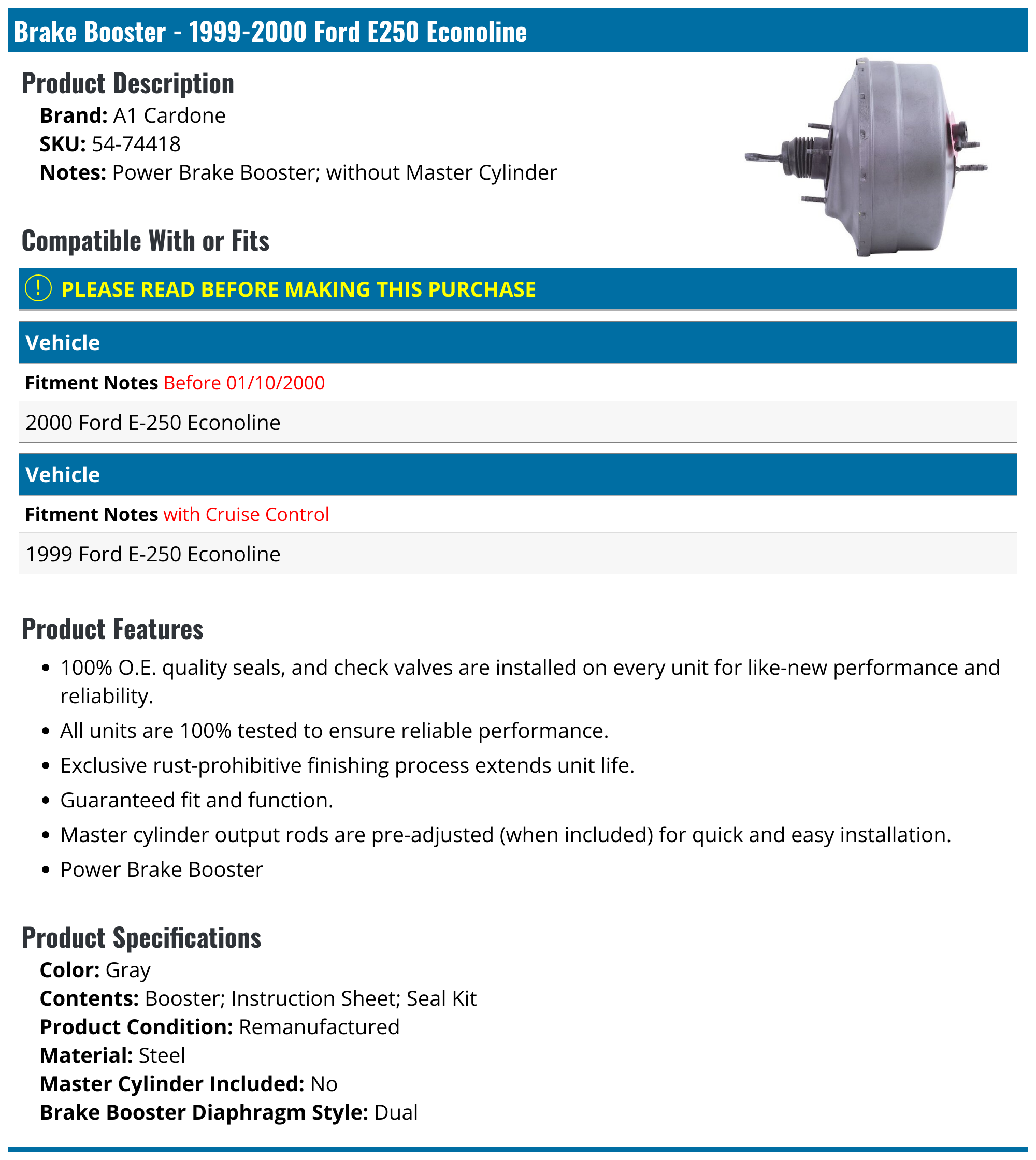 1999-2000 Ford E250 Econoline Brake Booster - A1 Cardone 54-74418 ...